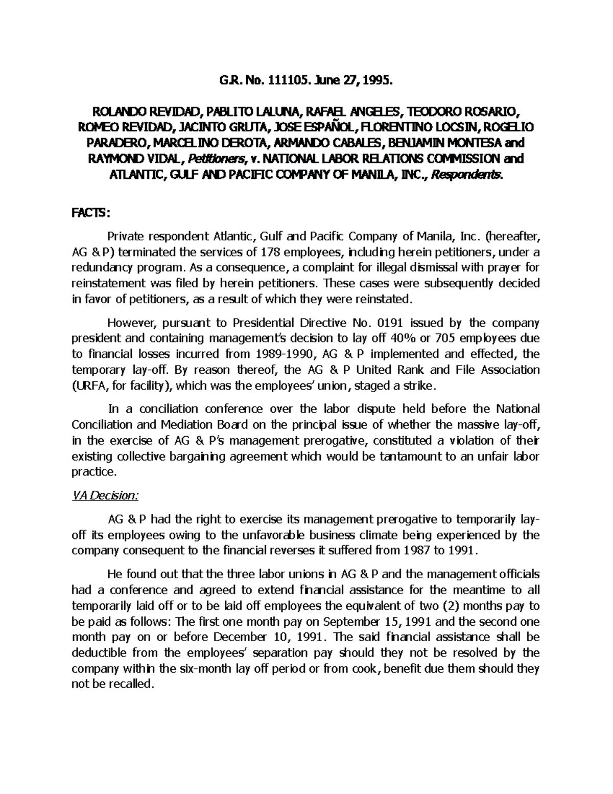 Revalidad v. NLRC - G. No. 111105. June 27 , 1995. ROLANDO REVIDAD ...