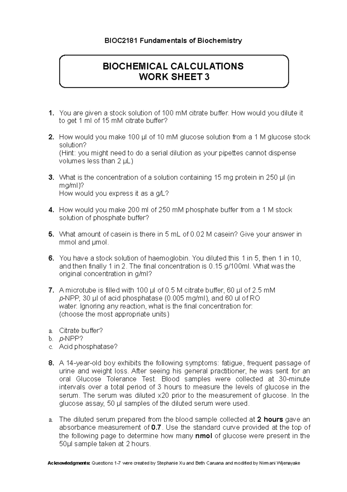 Biochemical Calculations Work Sheet 3 - BIOC2181 Fundamentals of ...