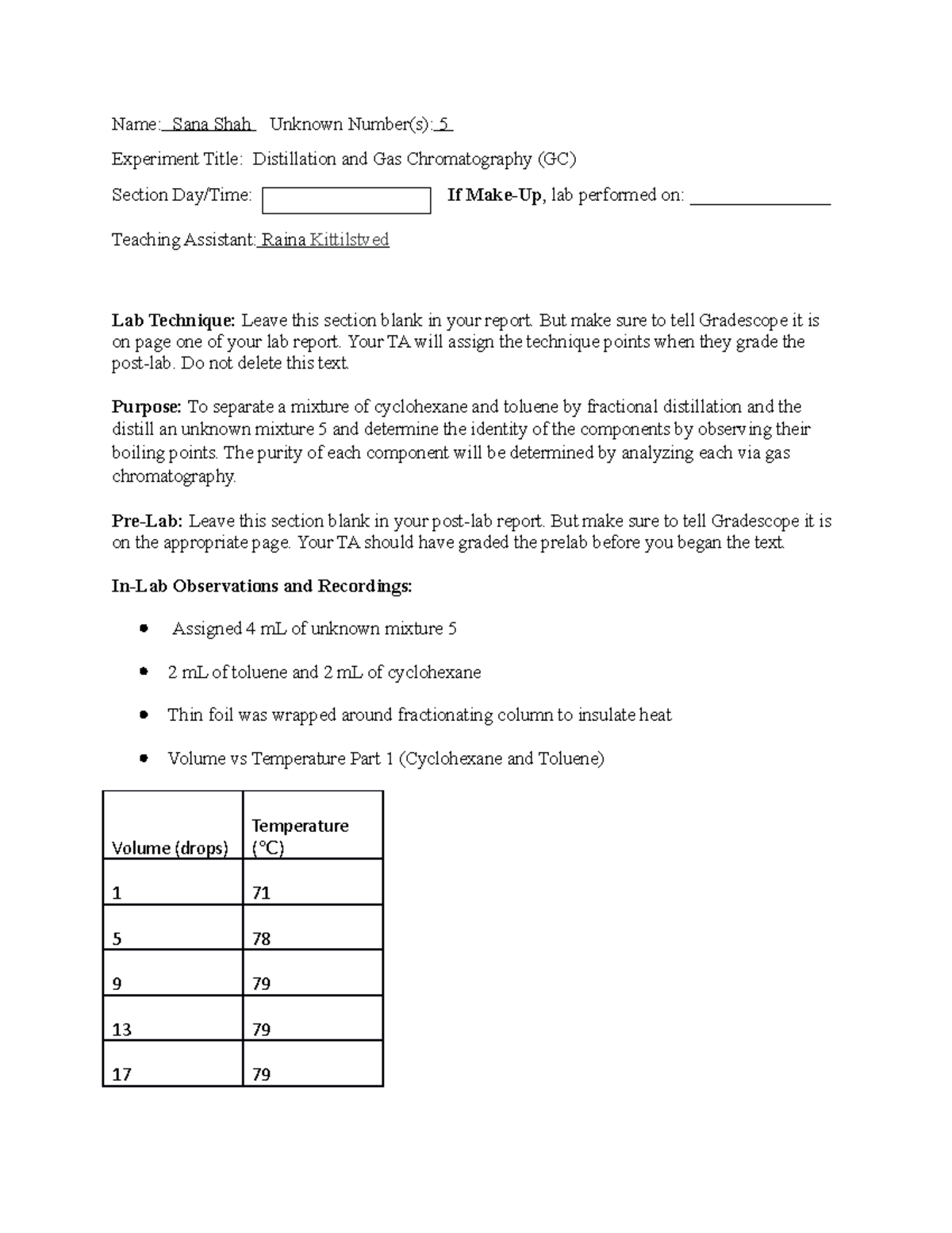Distillation Report - Name: Sana Shah Unknown Number(s): 5 Experiment Title: Distillation and ...