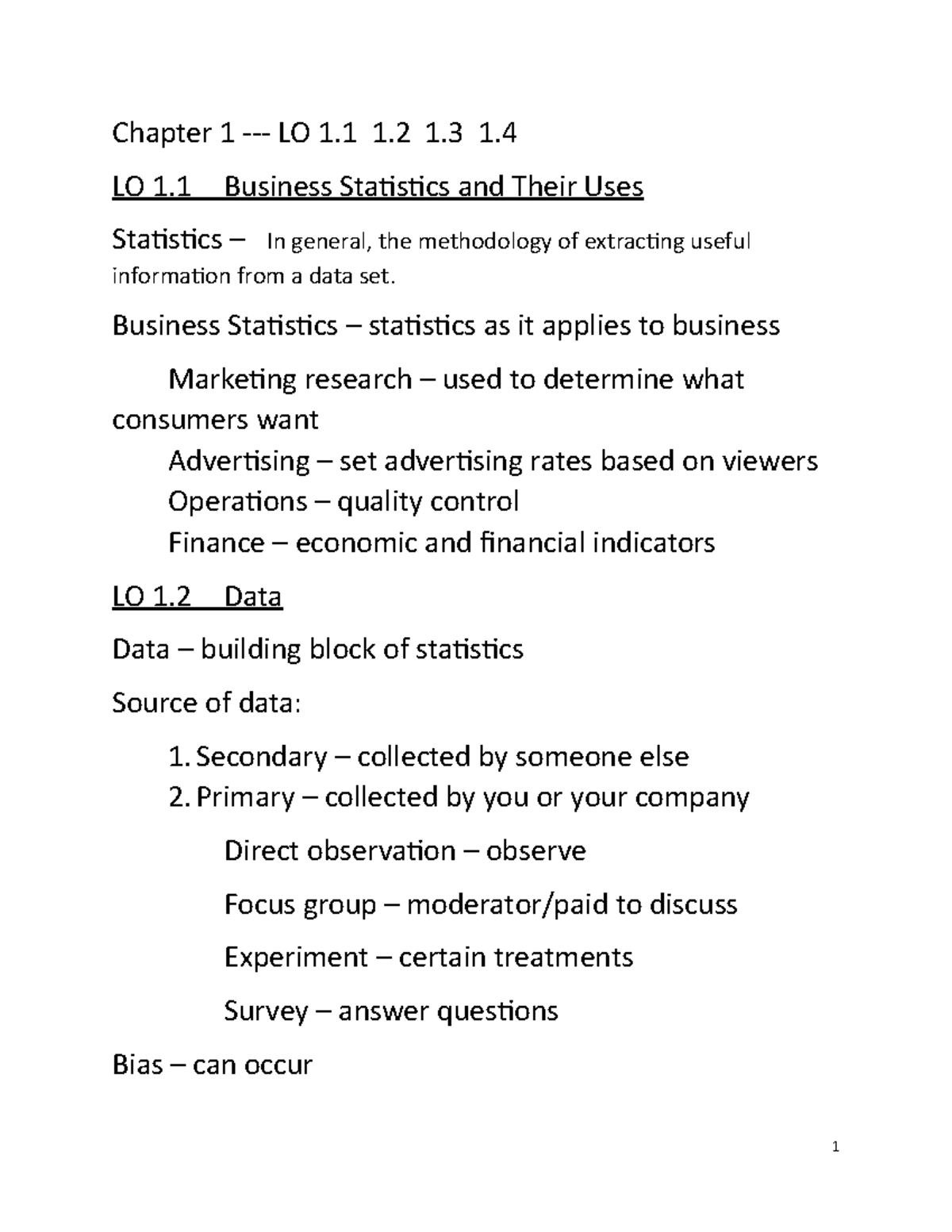 NChap 01 stat - notes for ch 1 - Chapter 1 - LO 1 1 1 1 LO 1 Business ...