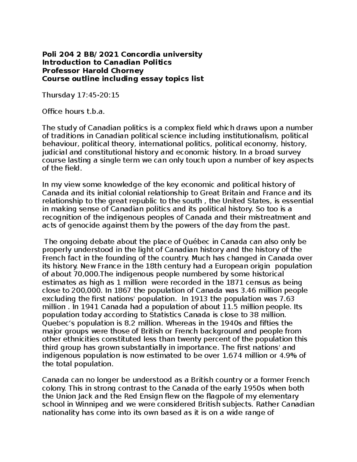 Poli 204 2021 course outline H Chorney - POLI 204 - Concordia - Studocu