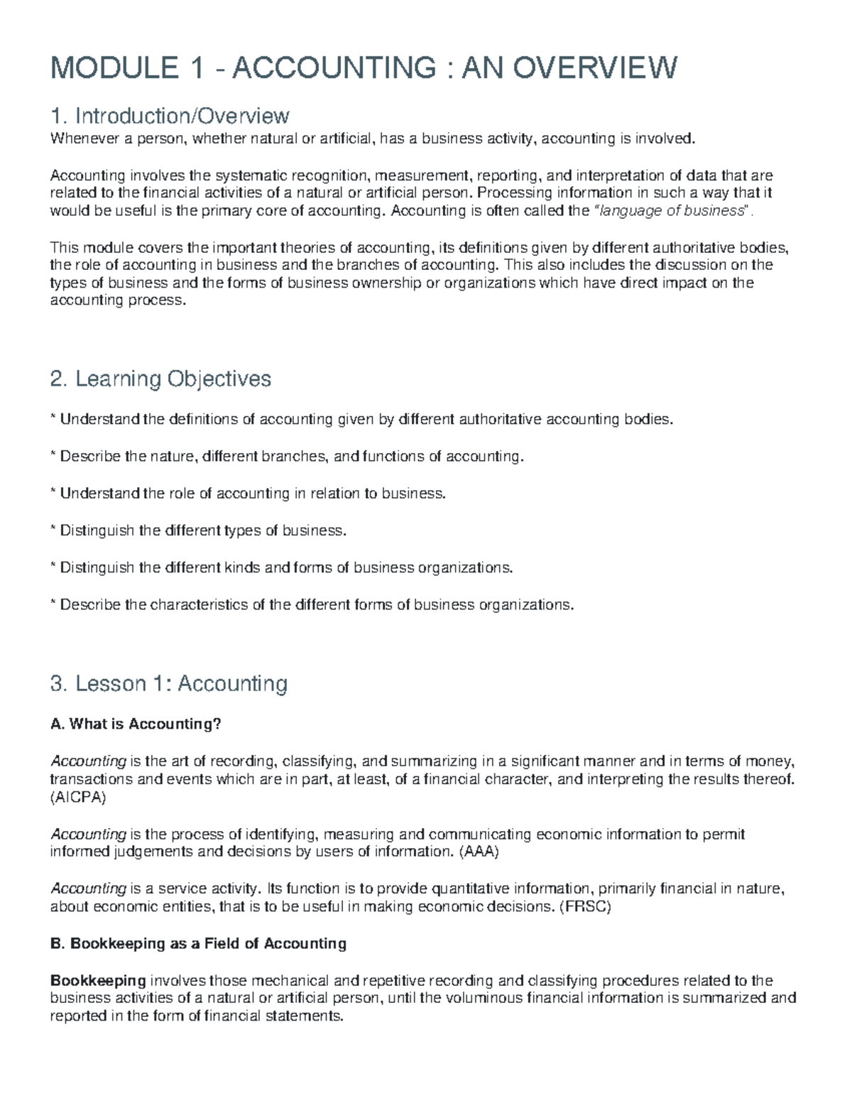 FA Midterm Module - MODULE 1 - ACCOUNTING : AN OVERVIEW 1. Introduction ...