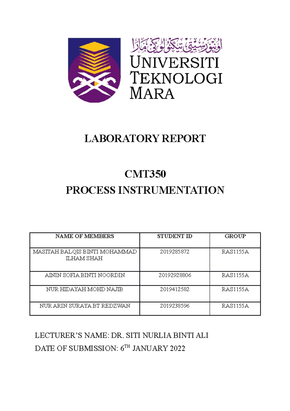 Lab 1 cmt 350 - Experiment 1 CMT 350 process instrumentation ...