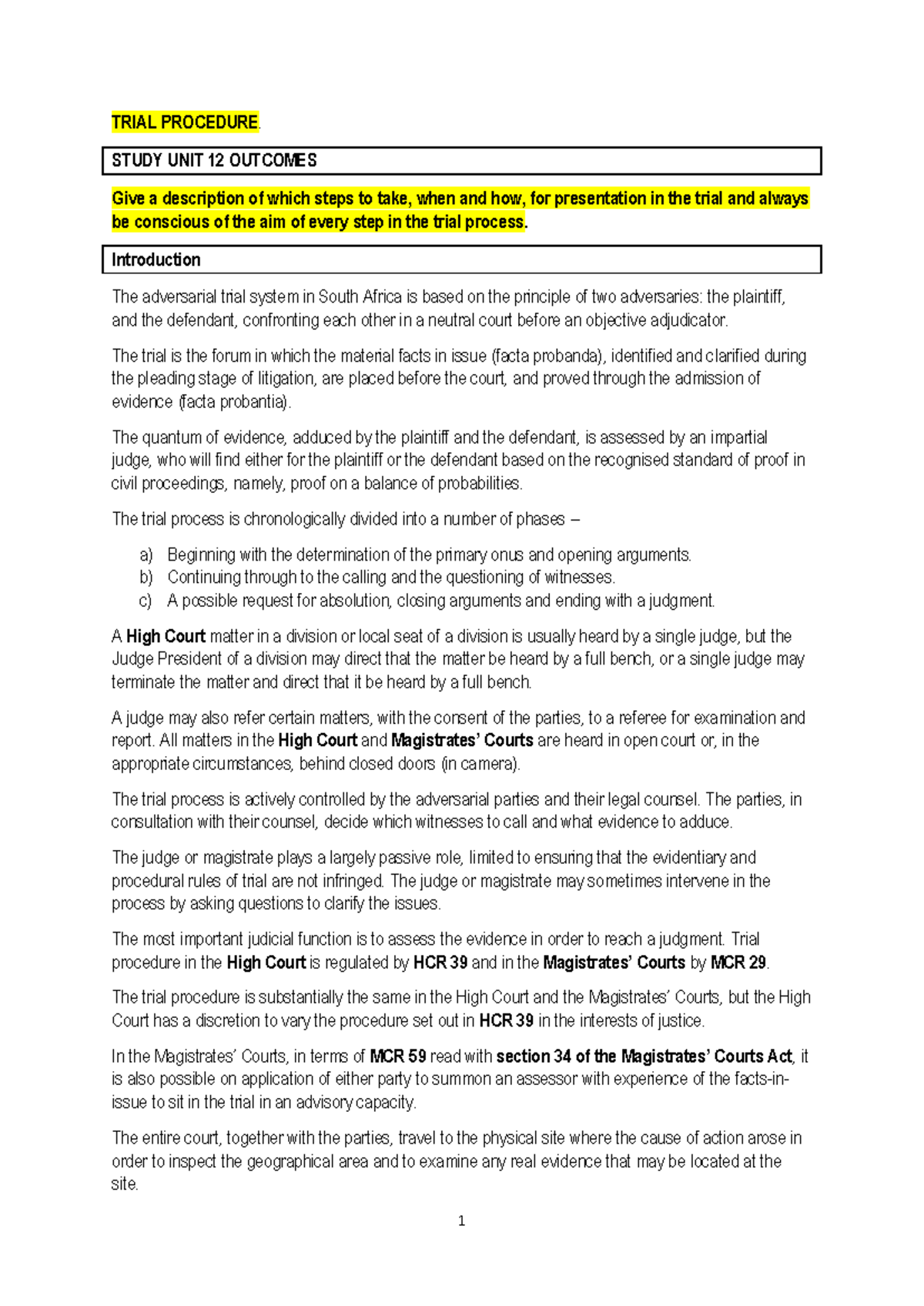SU 12 Trial - IURI 376 Civil Procedure - TRIAL PROCEDURE. STUDY UNIT 12 ...