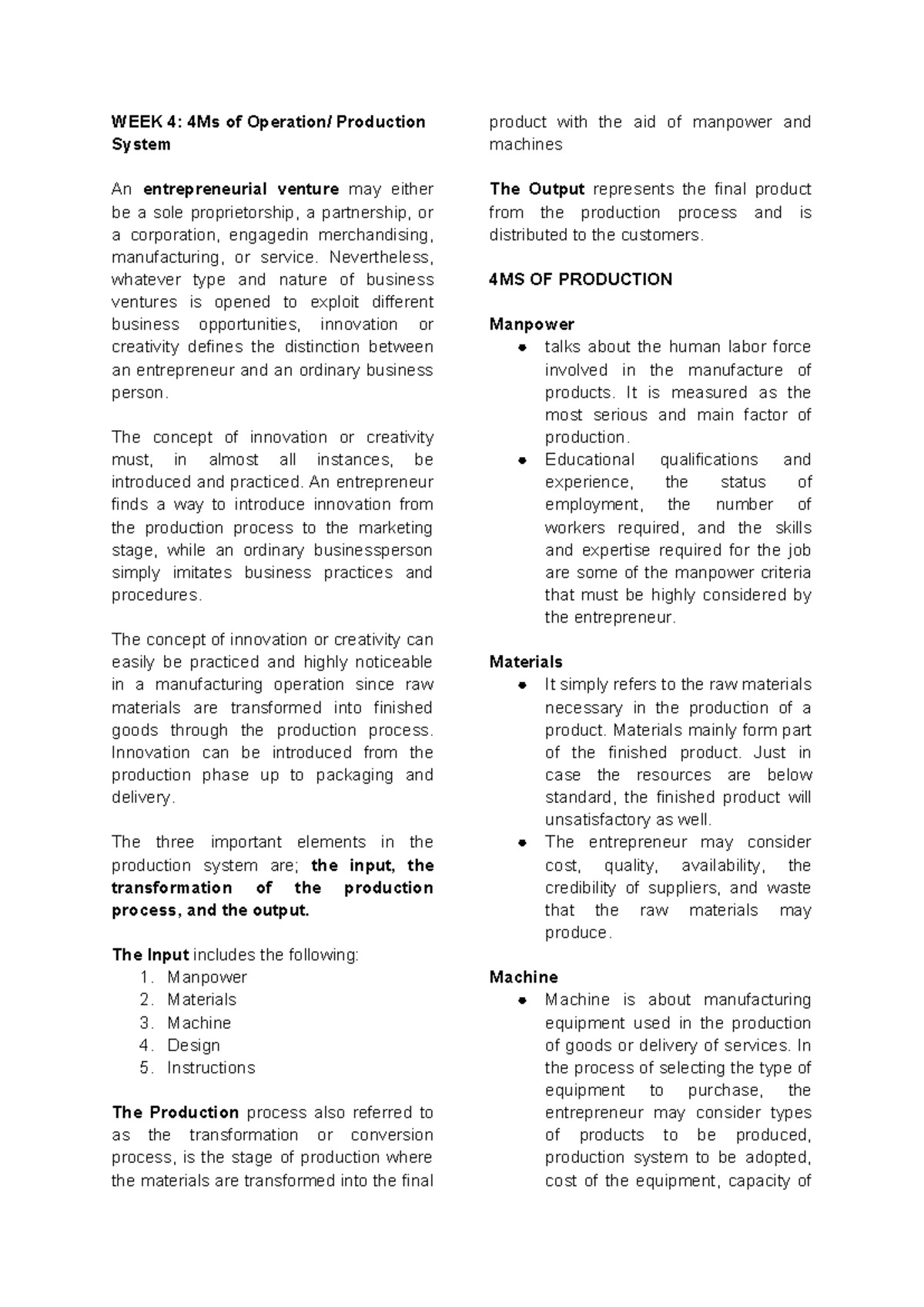 [AE] WEEK 4 4Ms of Operation Production System - WEEK 4: 4Ms of ...