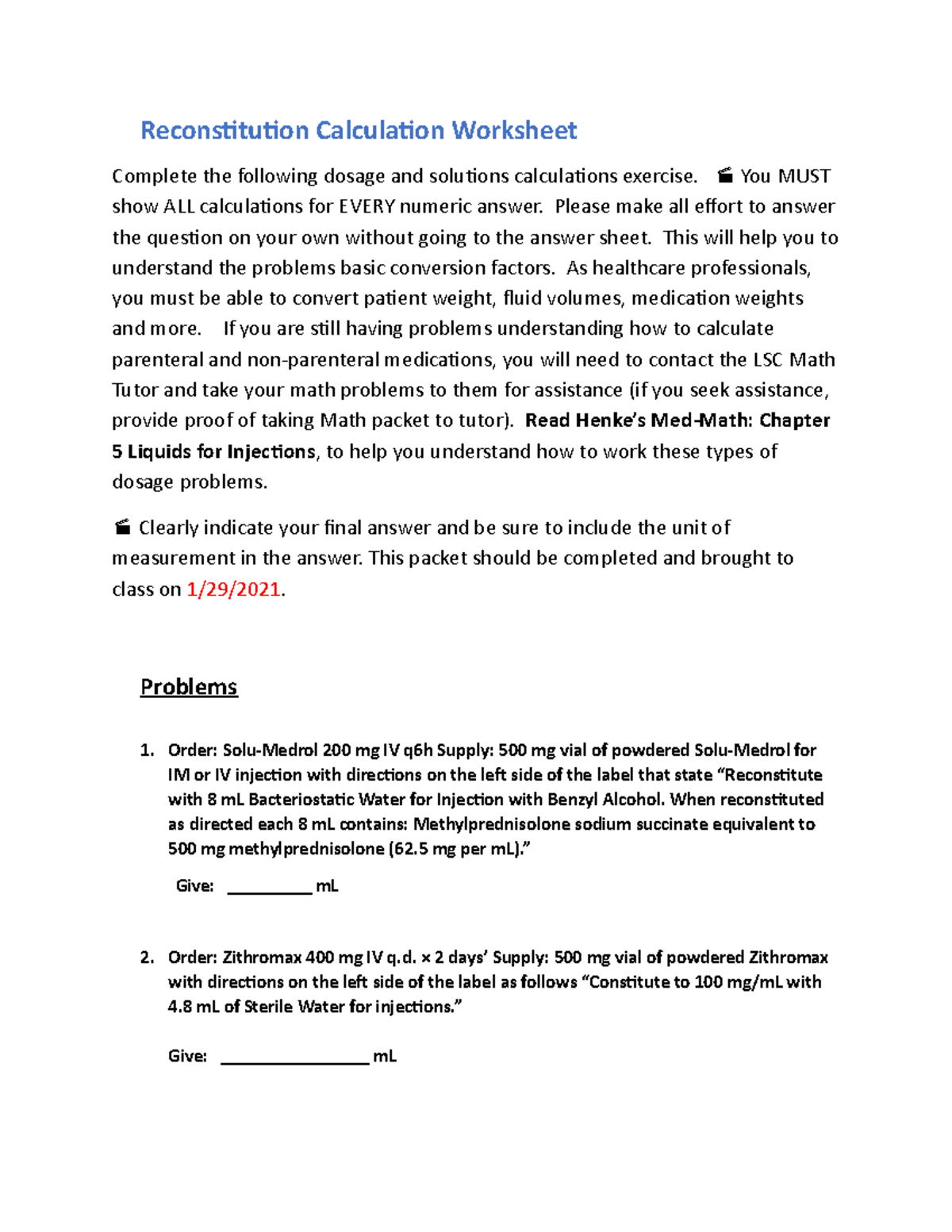 Reconstitution Calculation Worksheet SP21 Level II Reconstitution