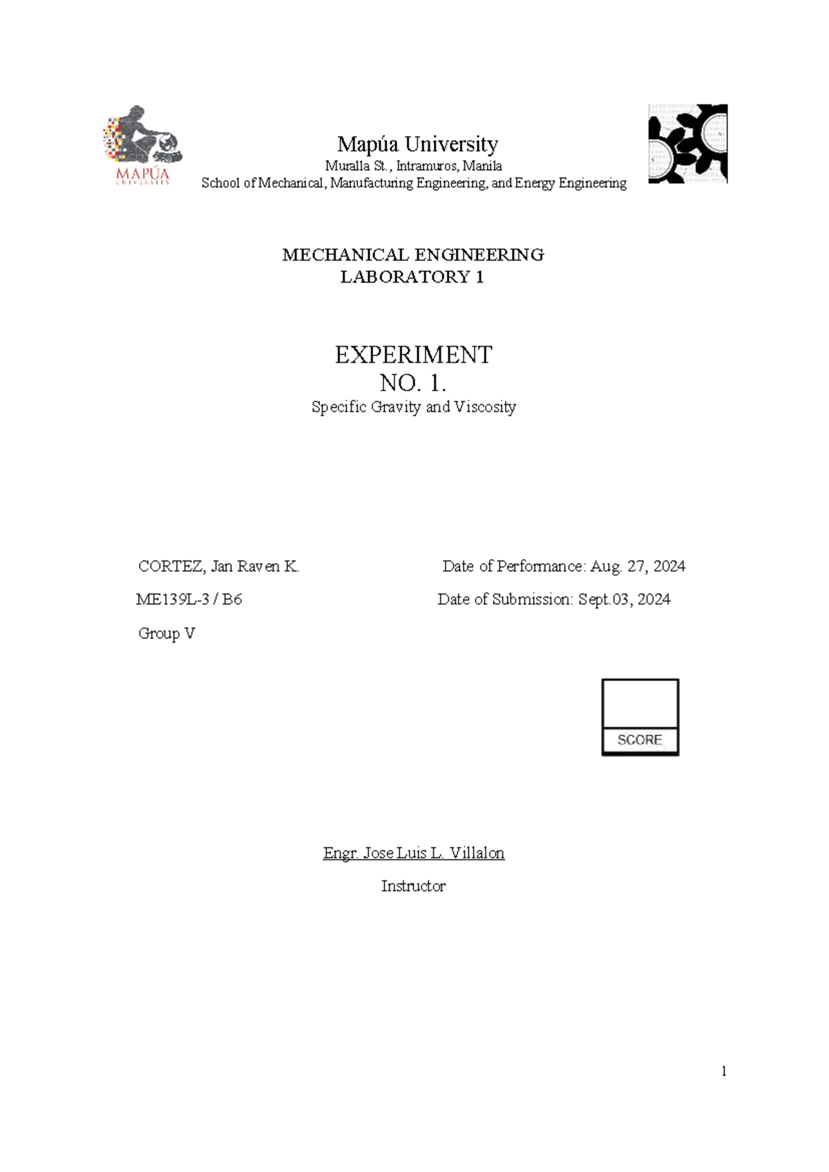 Title page ME lab - ME LAB - Mechanical Engineering Laboratory 1 ...