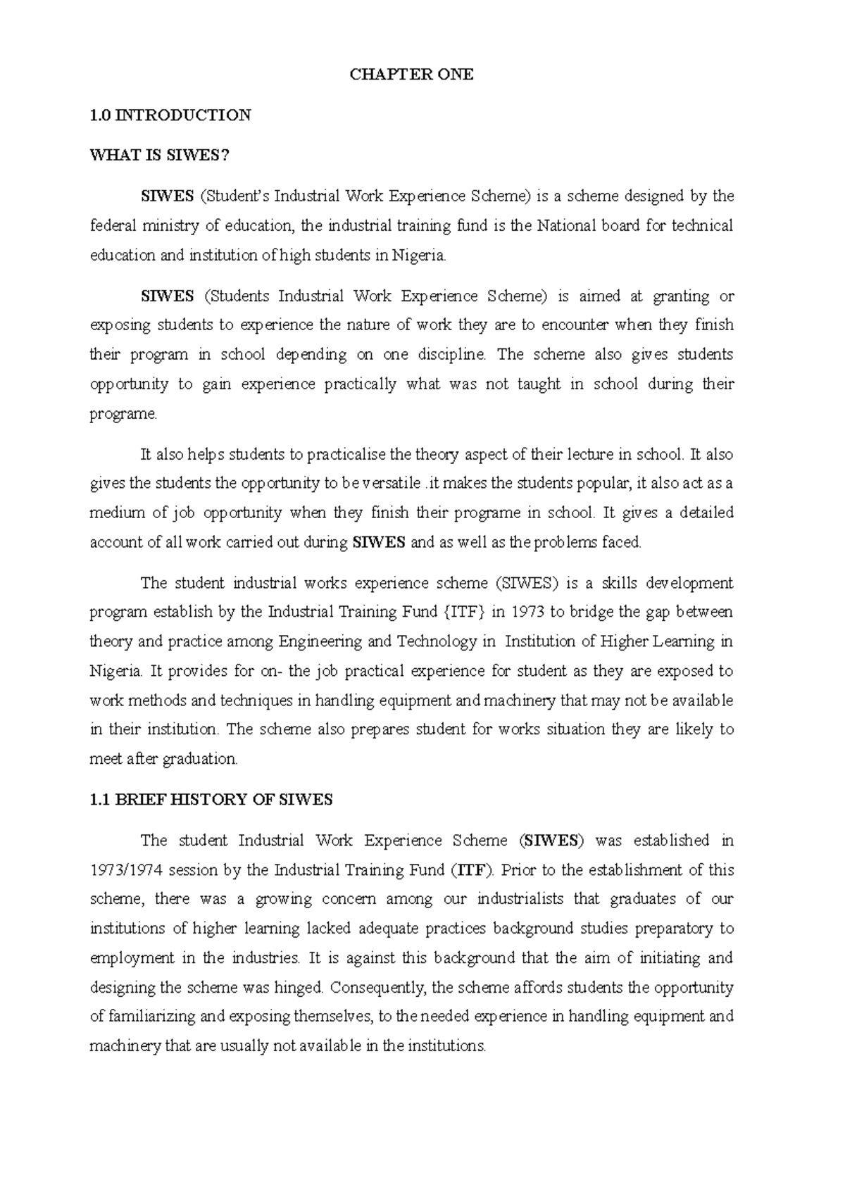 Food science bakery - //// - CHAPTER ONE 1 INTRODUCTION WHAT IS SIWES ...