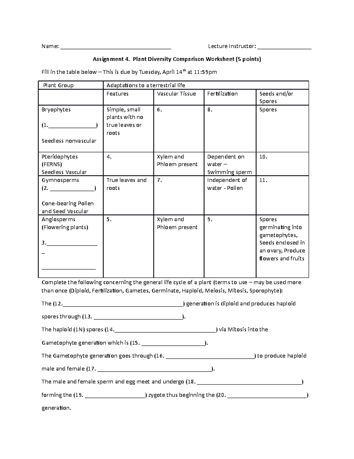 Bio 1120 lab Plant table - Name ...