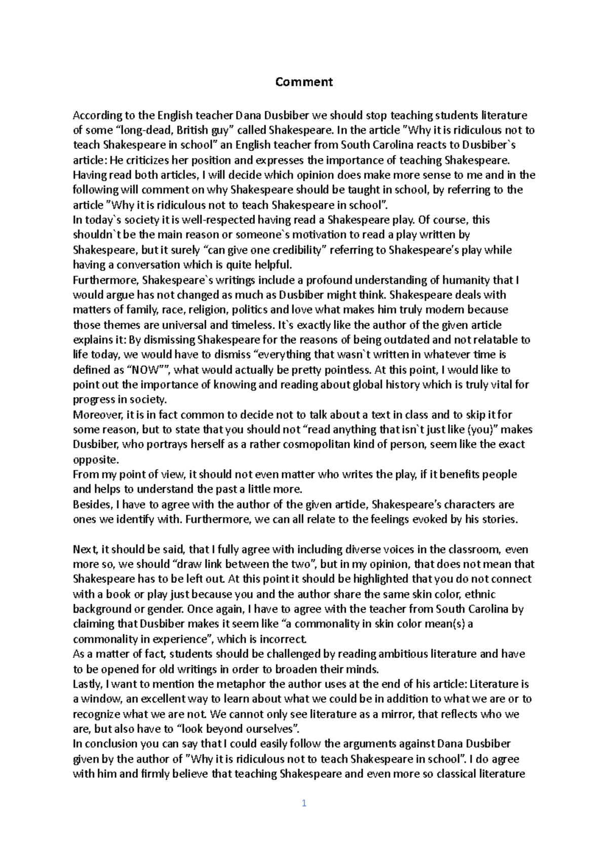 Teaching Shakespeare comment - Comment According to the English teacher ...