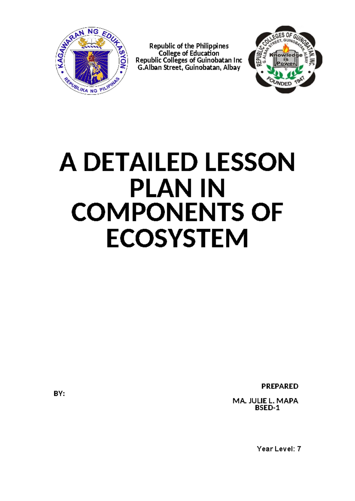 Lesson Plan Environmental Science (components of ecosystem) - Republic ...