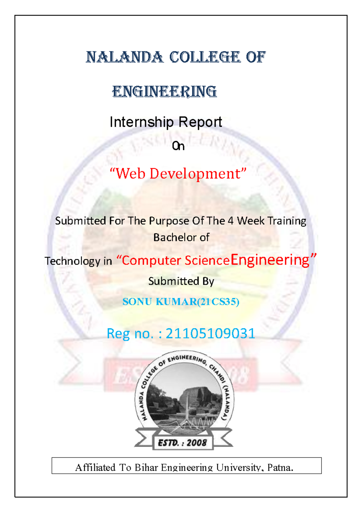 SONU project repor web developmentt.pdf - NALANDA COLLEGE OF ENGINEERING Internship Report On ...