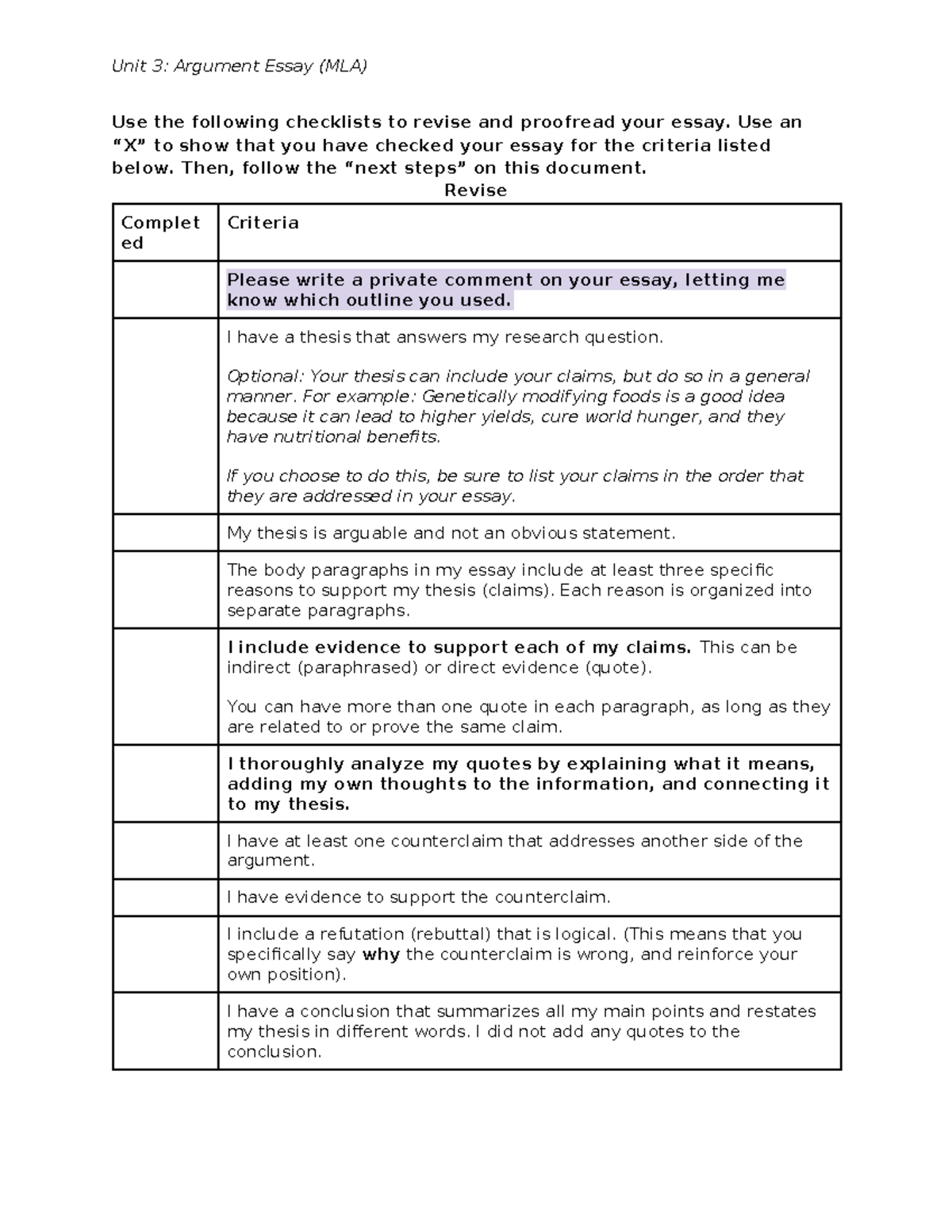 Revise & Proofread Checklist (MLA Argument) - Unit 3: Argument Essay ...