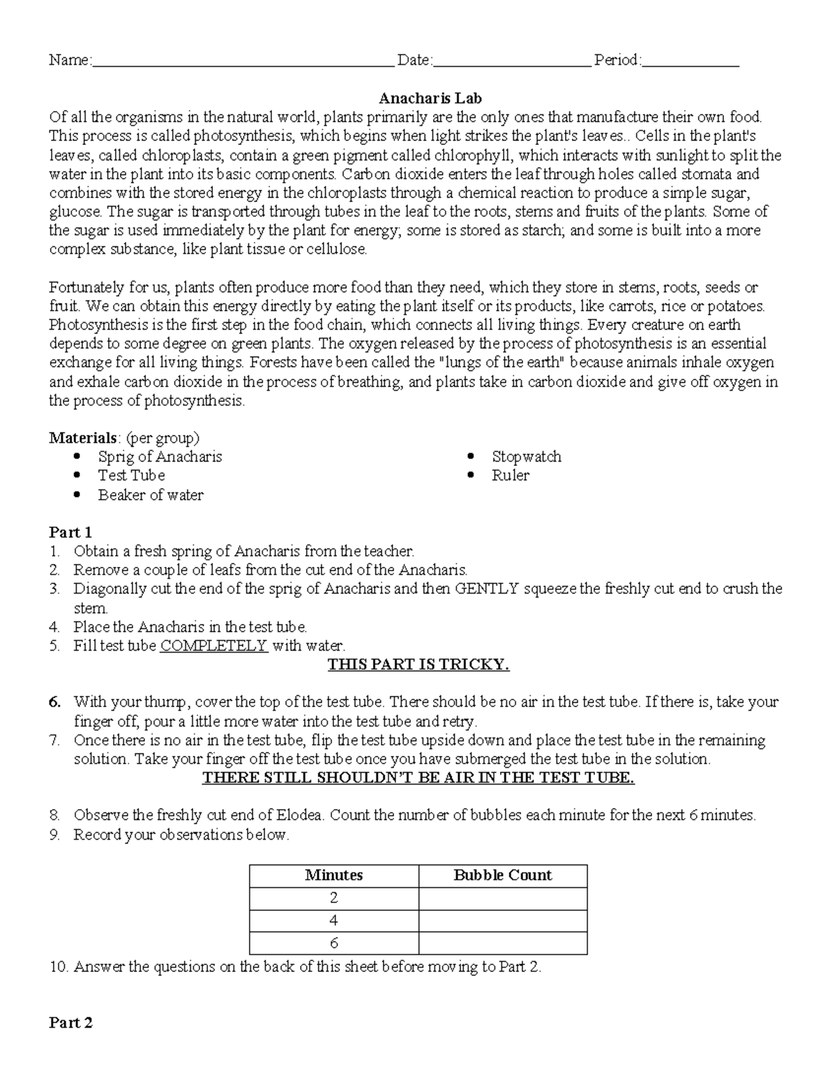 Elodea Lab - Name: Date: Period: Anacharis Lab Of all the organisms in ...