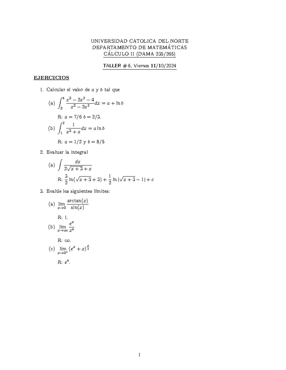 Taller 6 CÁ Lculo 2 DAMA235-265 (2024-02) - UNIVERSIDAD CATOLICA DEL NORTE DEPARTAMENTO DE MATEM ...