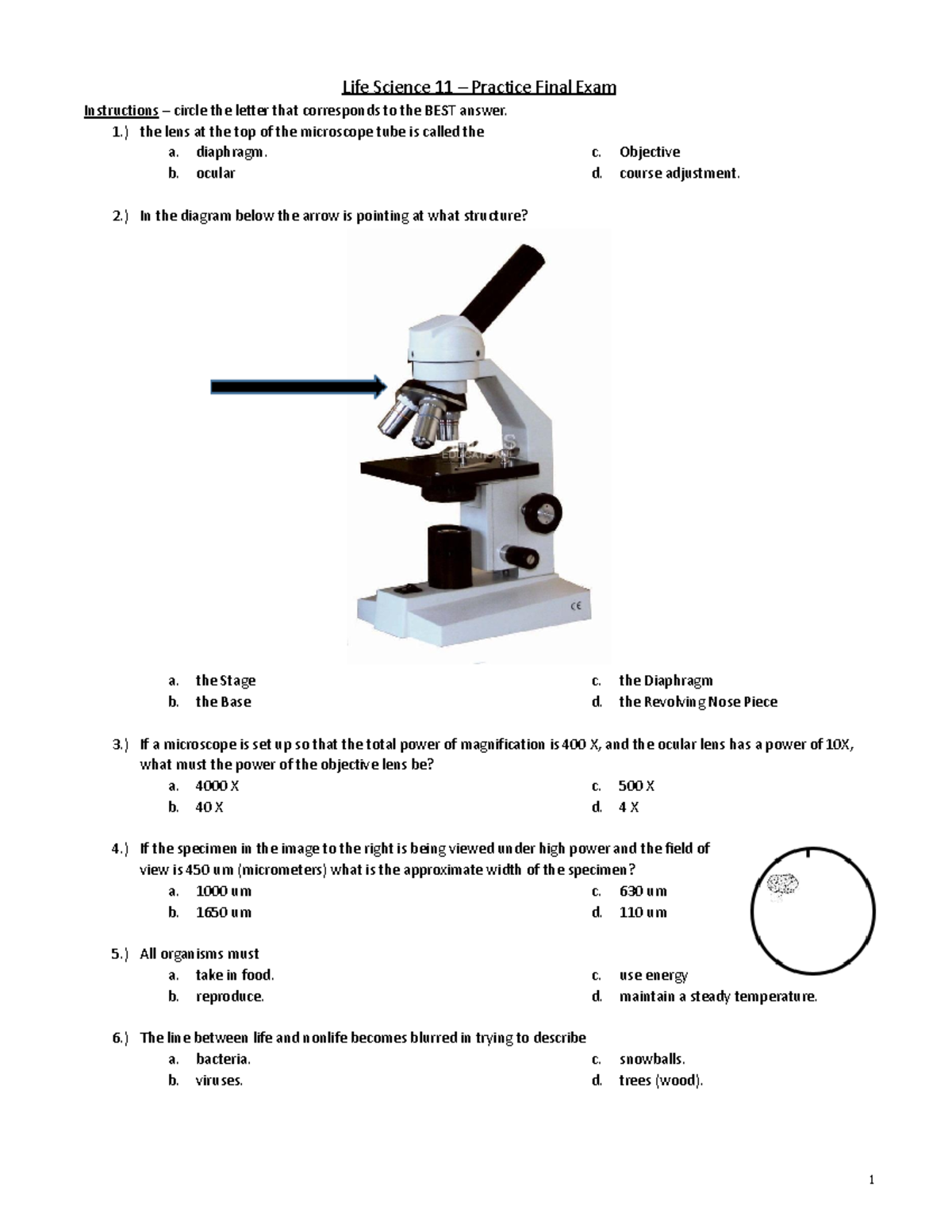 Copy of Biology 11 Practice Final Exam No Plants Algae - Life Science ...