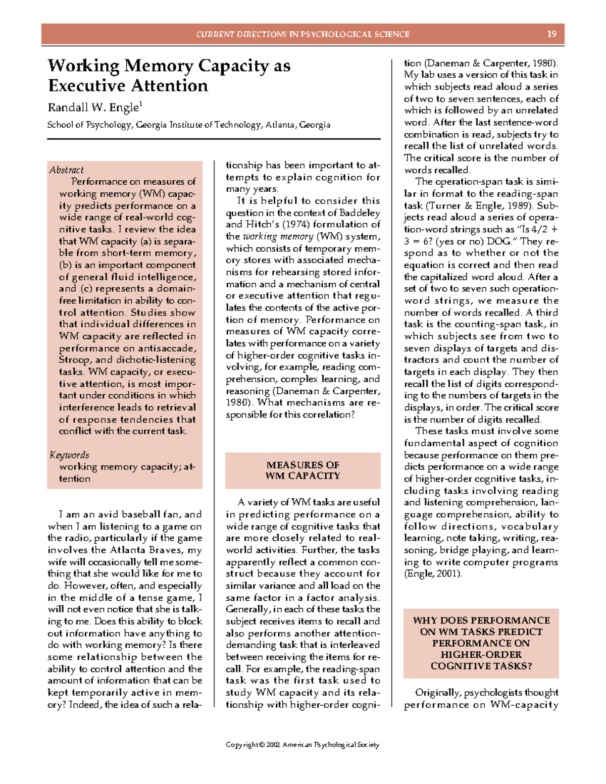 Engle paper comment - Copyright © 2002 American Psychological Society ...