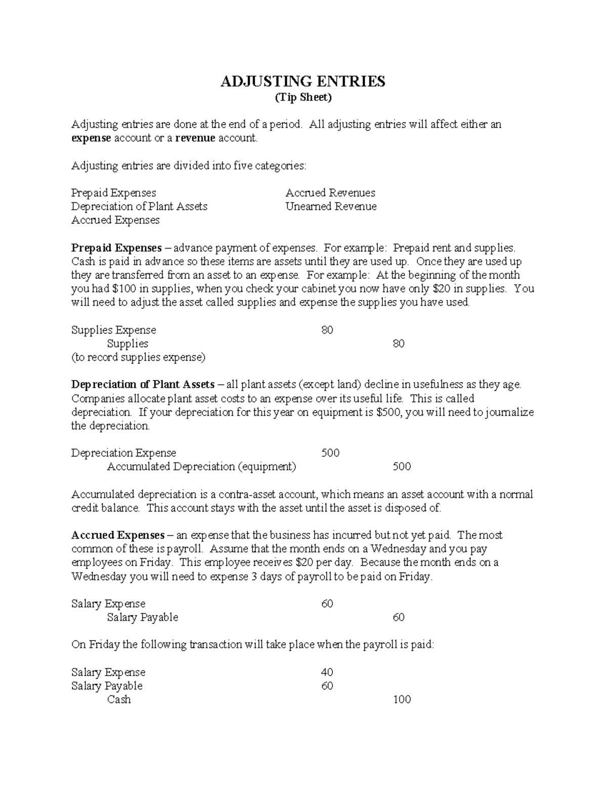 Practice and homework - ADJUSTING ENTRIES (Tip Sheet) Adjusting entries ...