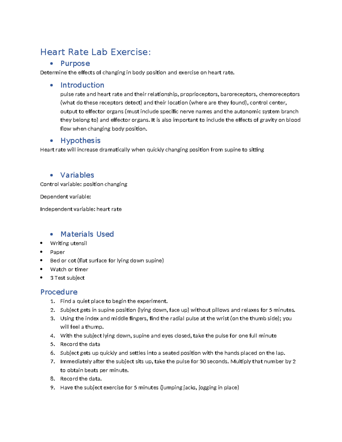 Heart Rate Lab Report - Heart Rate Lab Exercise: Purpose Determine the ...