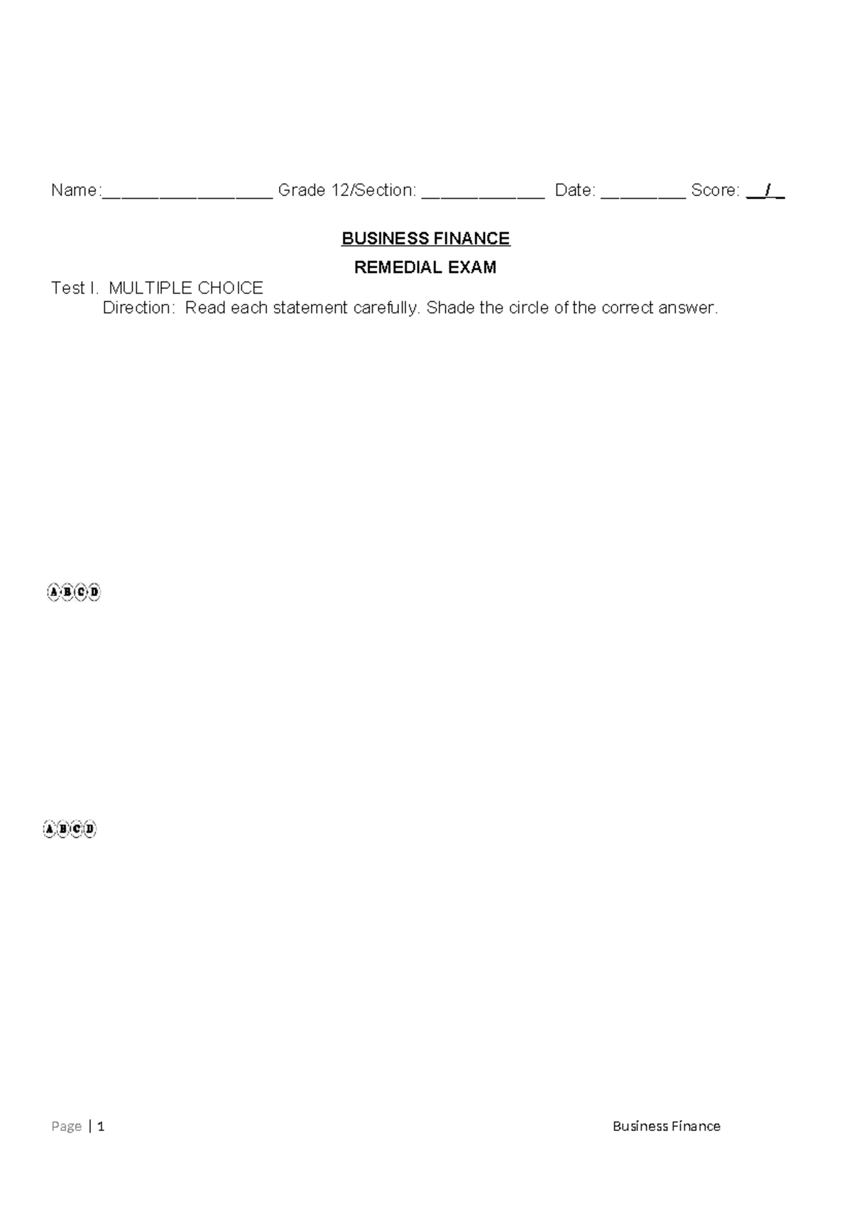 EXAM IN FINANCE - Name:__________________ Grade 12/Section ...