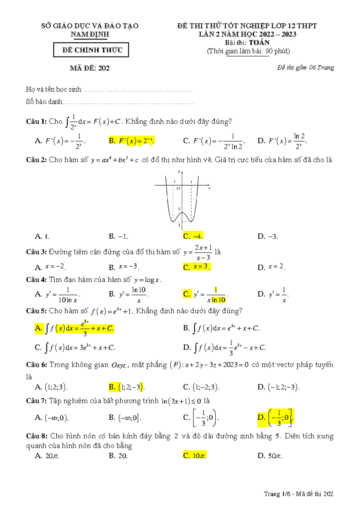 De thi thu tot nghiep thpt 2023 mon toan lan 2 so gddt nam dinh - SỞ GIÁO DỤC VÀ ĐÀ O TẠO NAM ...
