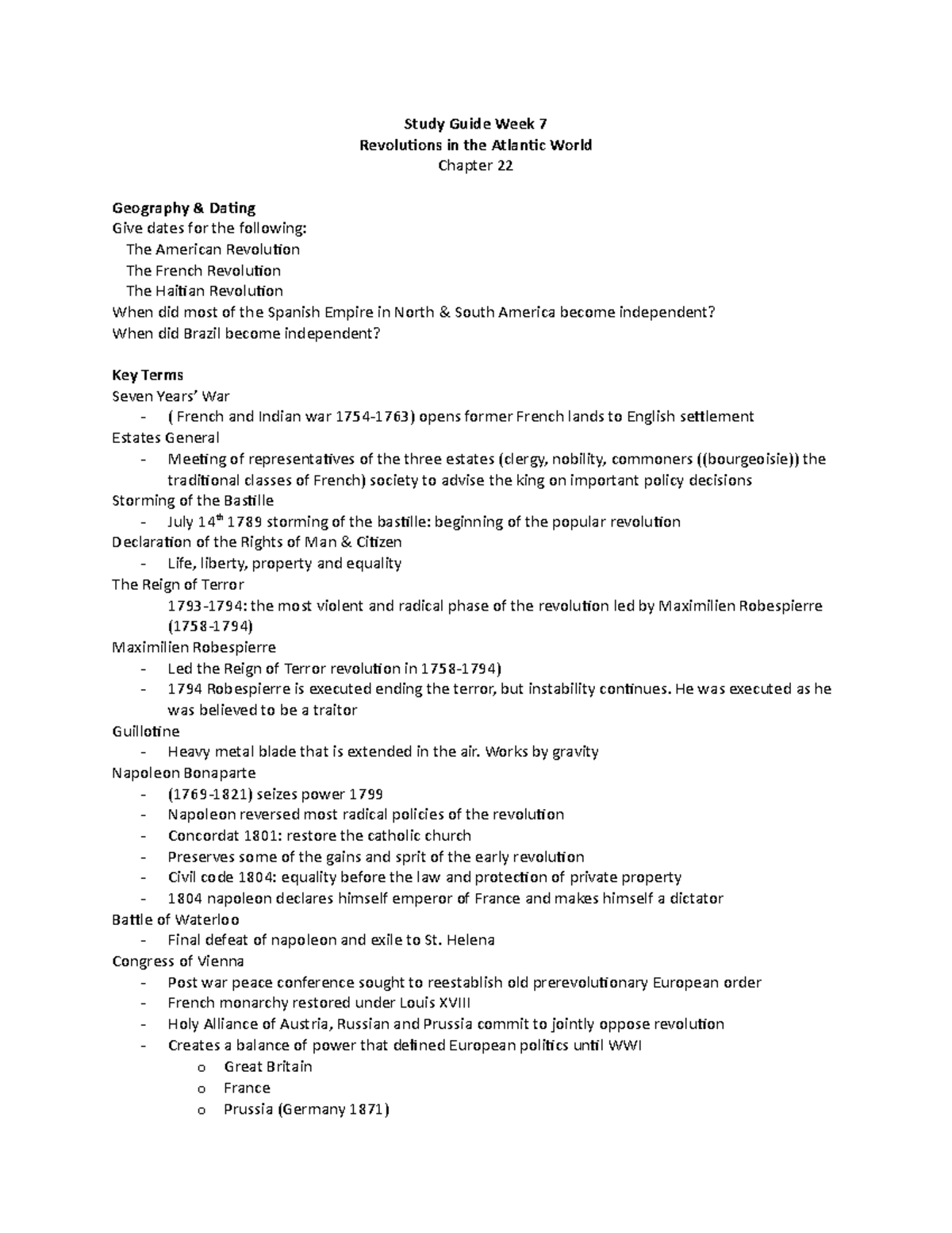 Study Guide Week 7 Revolutions in the Atlantic World SP21 - Study Guide ...