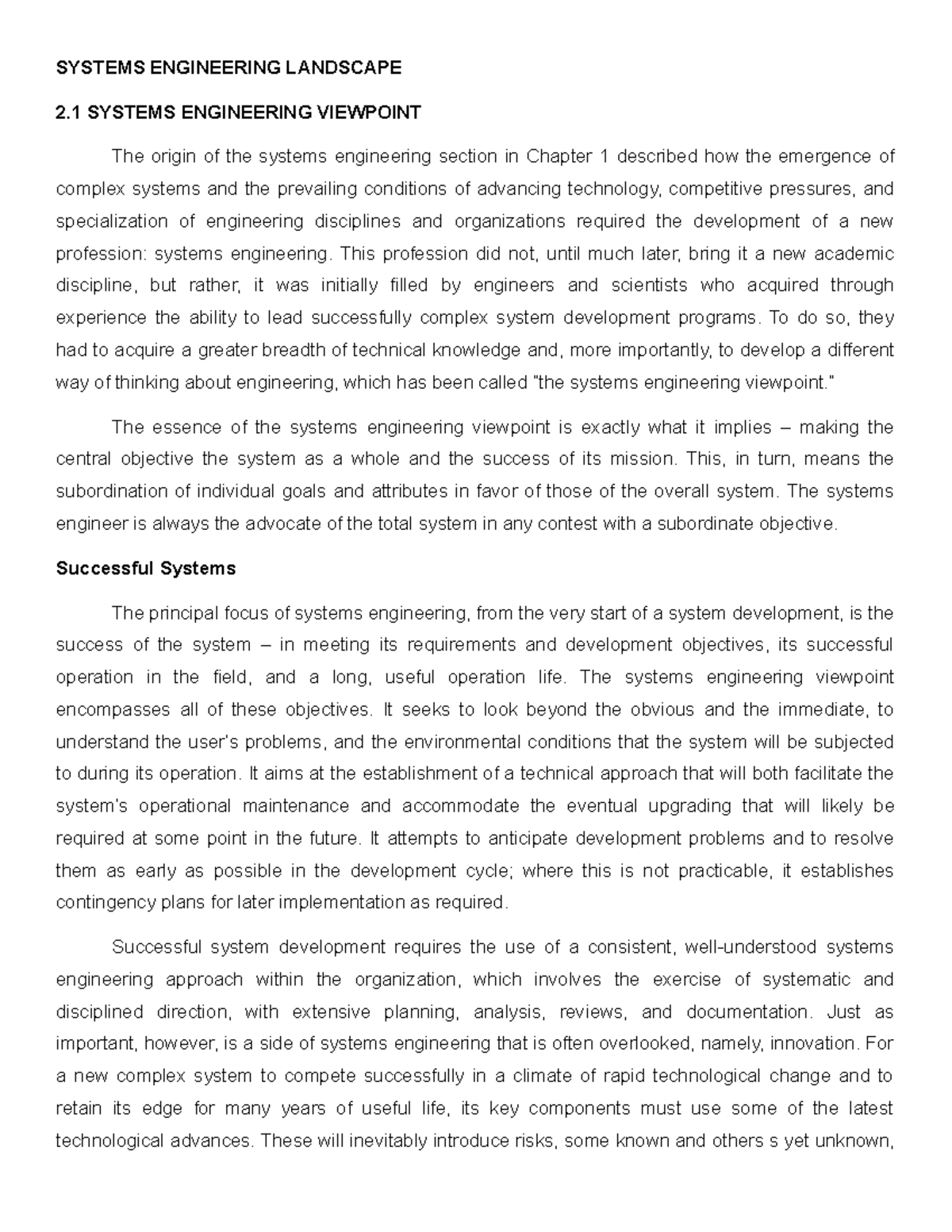 Systems Engineering - SYSTEMS ENGINEERING LANDSCAPE 2 SYSTEMS ...