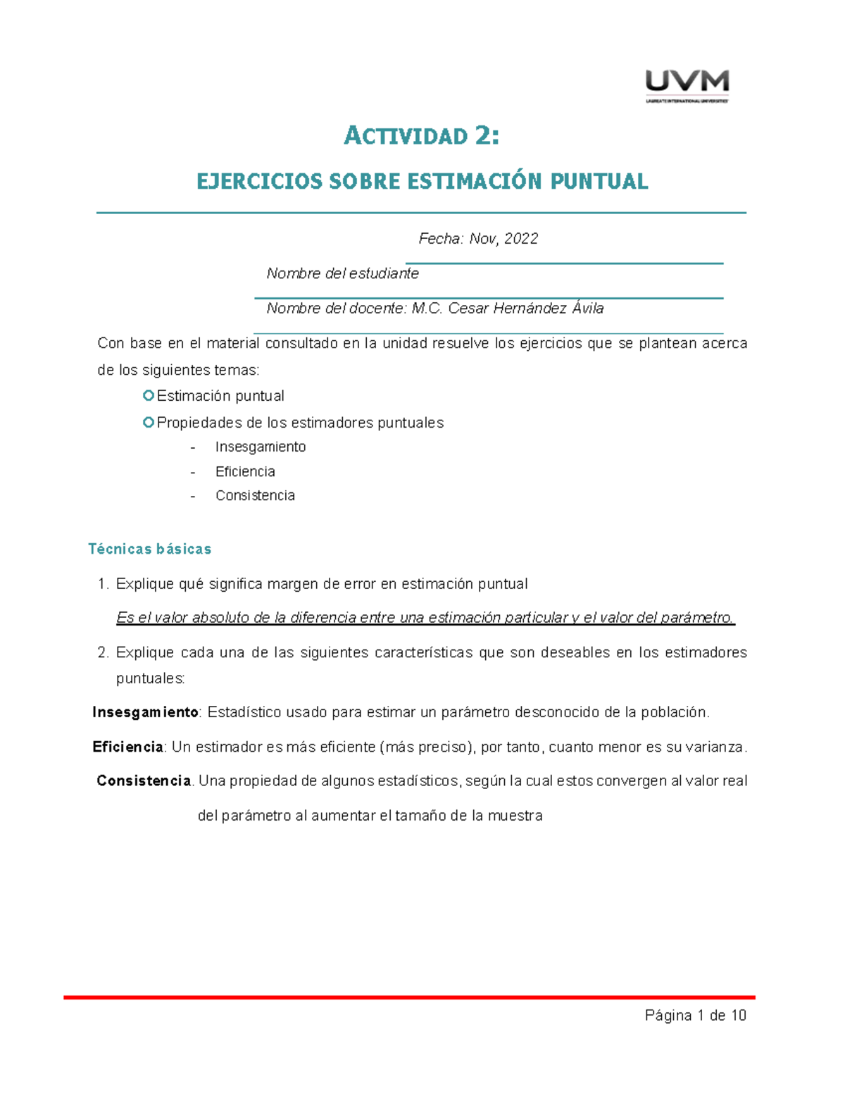 Actividad 2 Ejercicios Sobre LA Estimacion Puntual - ACTIVIDAD 2: EJERCICIOS SOBRE ESTIMACIÓN ...