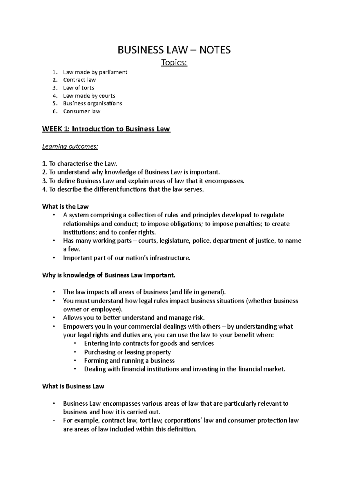 Business LAW Notes - BUSINESS LAW – NOTES Topics: Law made by ...