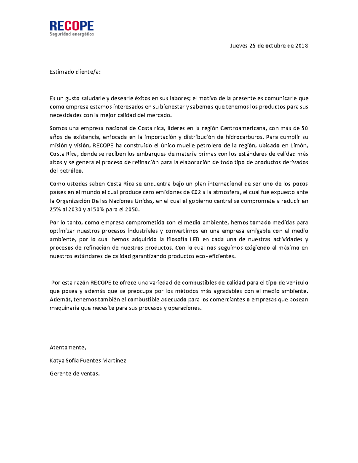 Carta de ventas Recope - Jueves 25 de octubre de 2018 Estimado cliente ...