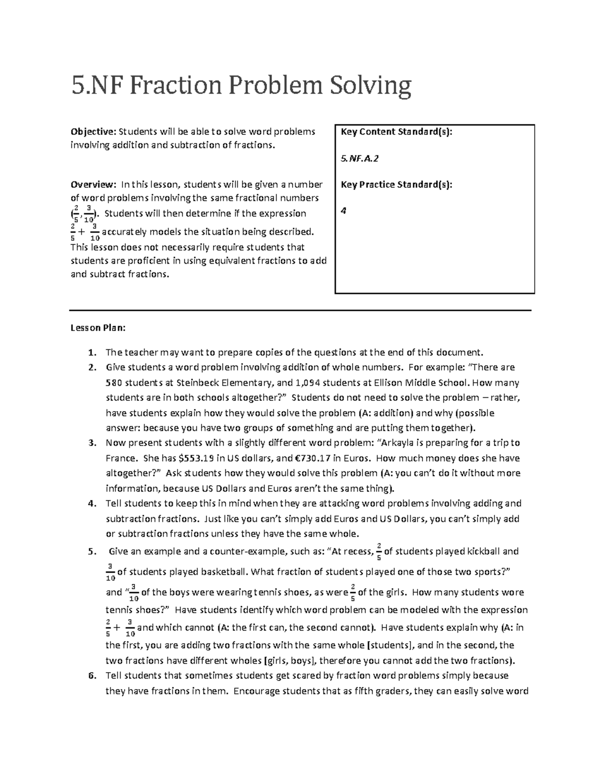 5 - Shbsjsjsns - 5 Fraction Problem Solving Objective: Students will be ...