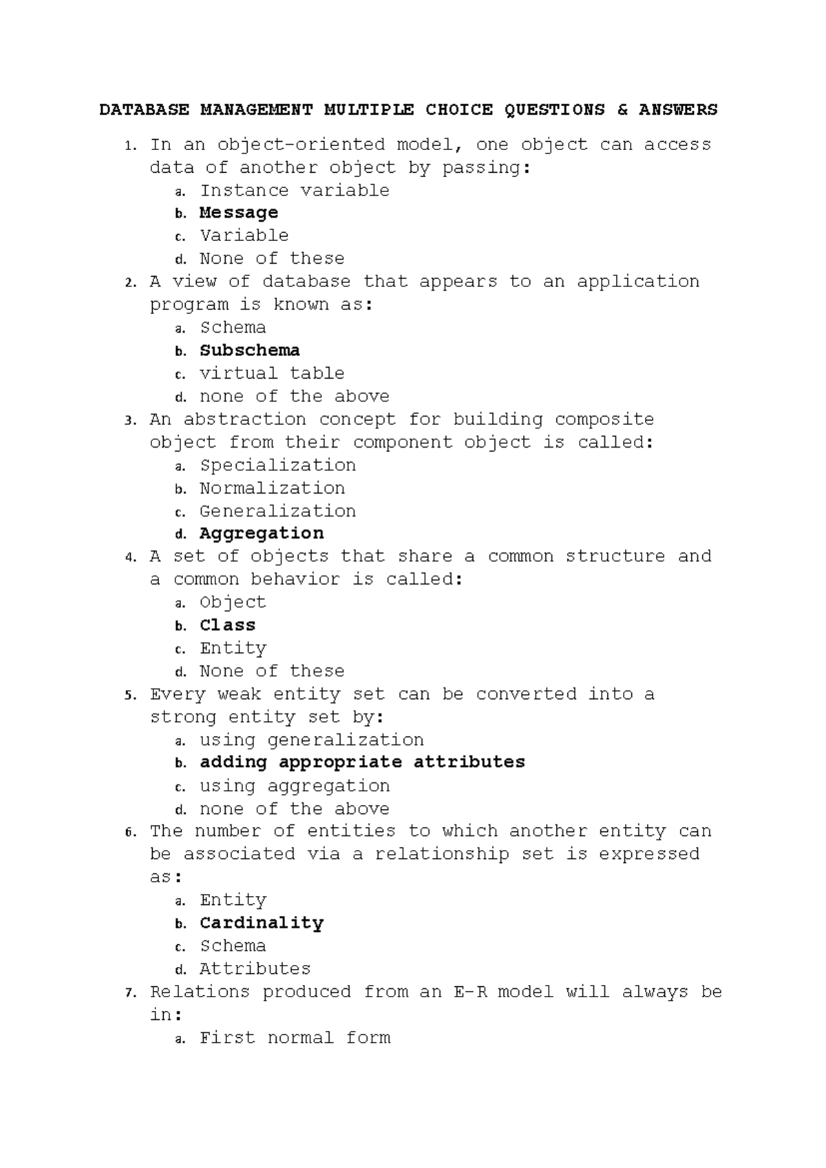 Dbms-mcqs1 - Multiple choice questions and answers - DATABASE MANAGEMENT MULTIPLE CHOICE ...