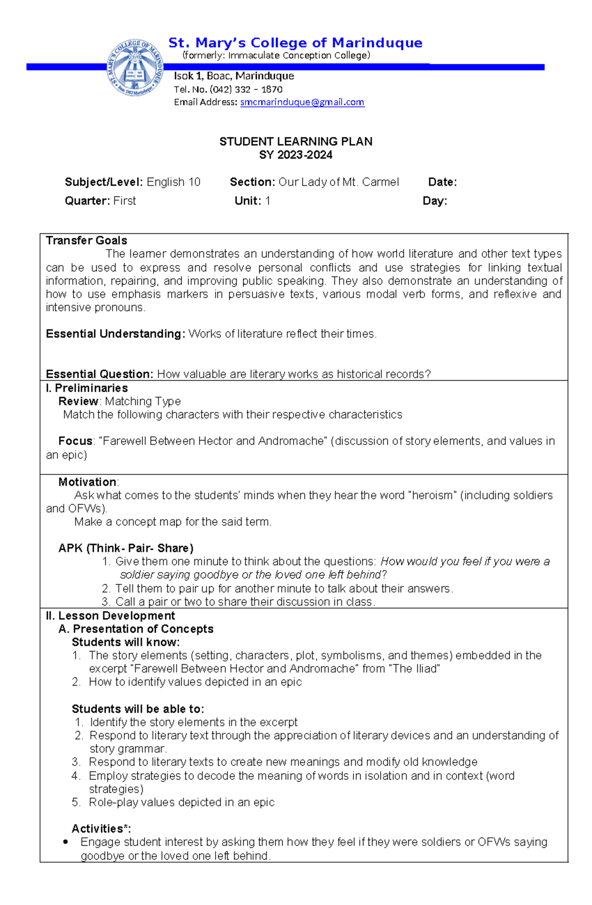 lesson plan- english - St. Mary’s College of Marinduque (formerly ...