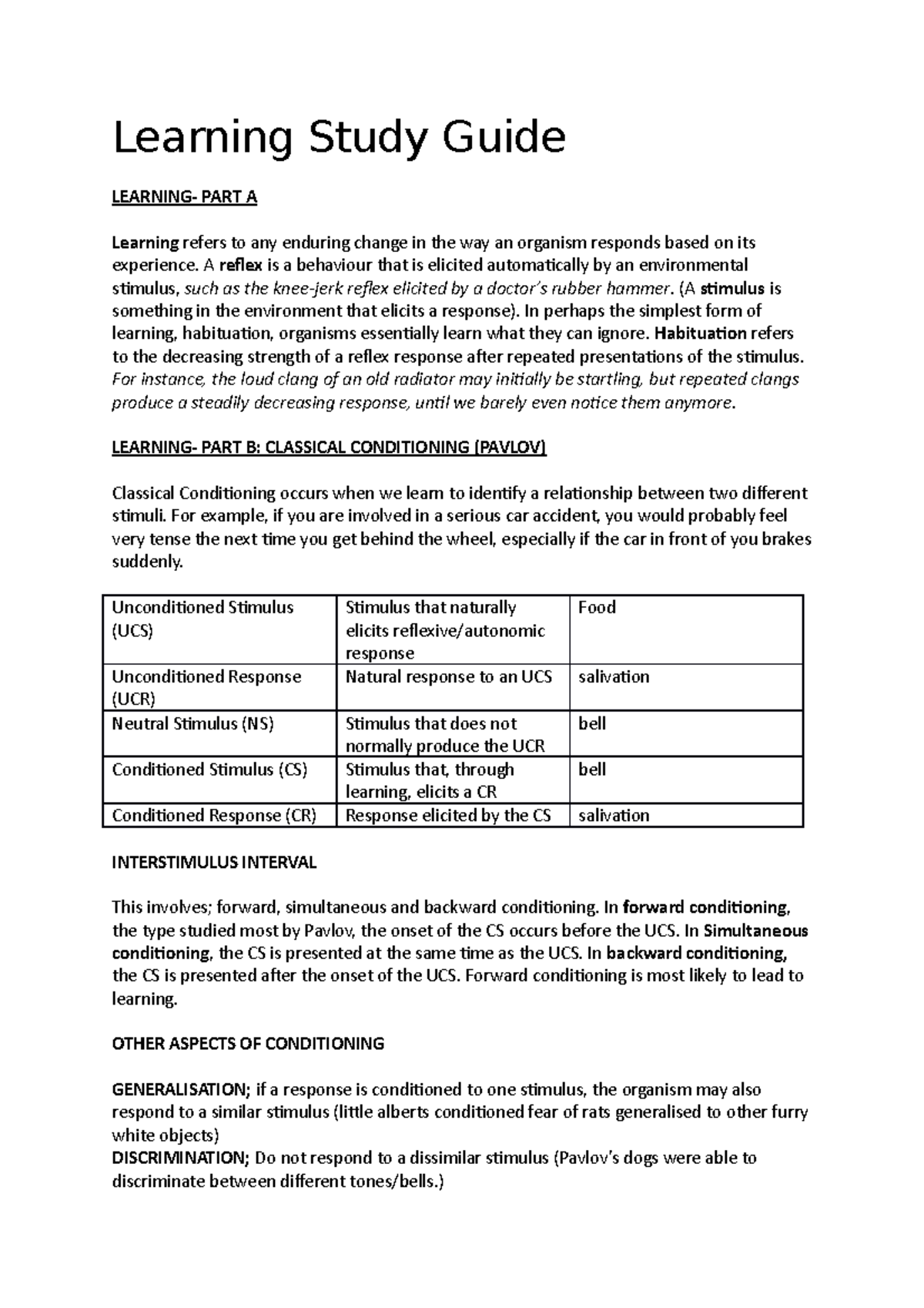 Learning Study Notes - Learning Study Guide LEARNING- PART A Learning ...