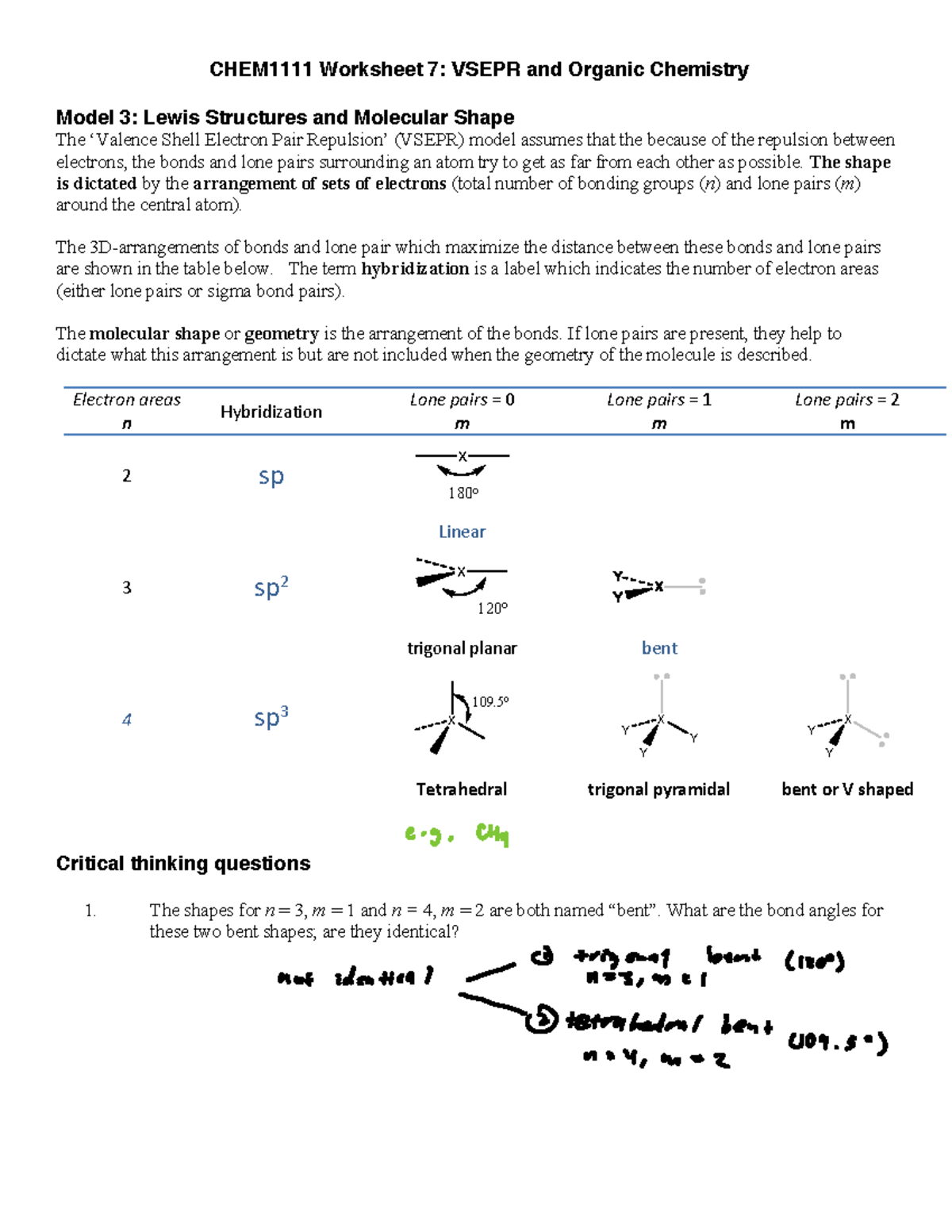 CHEM1111 Tutorial+07 - CHEM1111 Worksheet 7: VSEPR and Organic ...