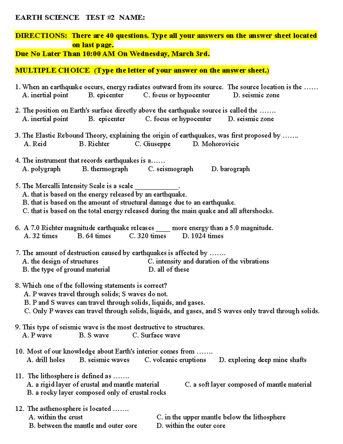 Earth Science TEST #2 2021 - EARTH SCIENCE TEST #2 NAME: DIRECTIONS ...