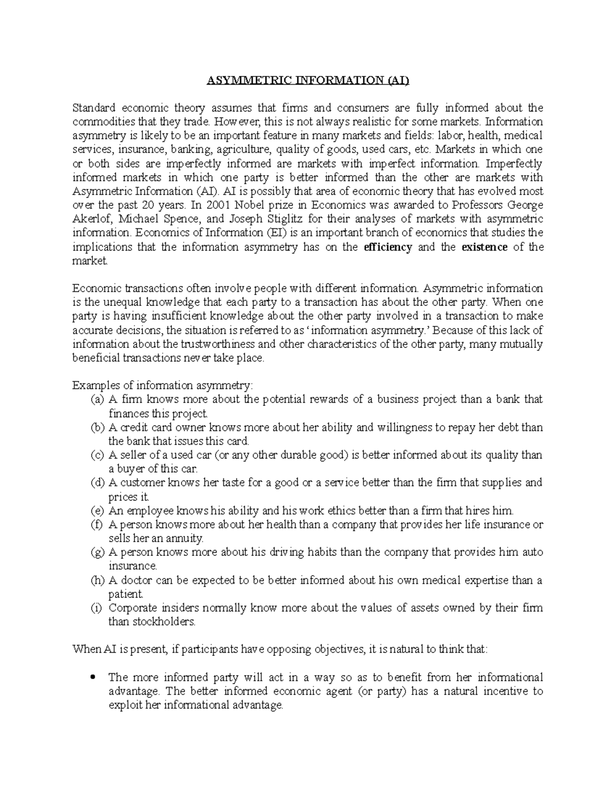 Information Asymmetry - ASYMMETRIC INFORMATION (AI) Standard economic ...