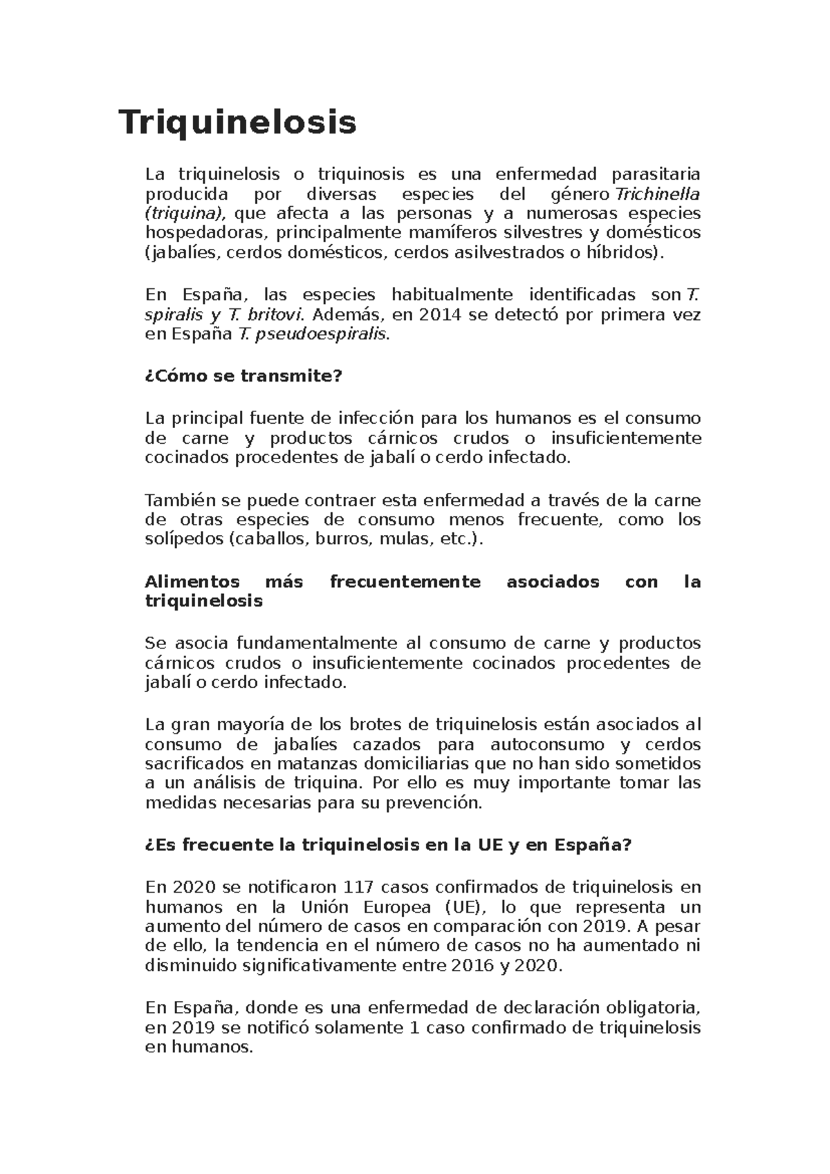 Triquinelosis - triquina - Triquinelosis La triquinelosis o triquinosis ...