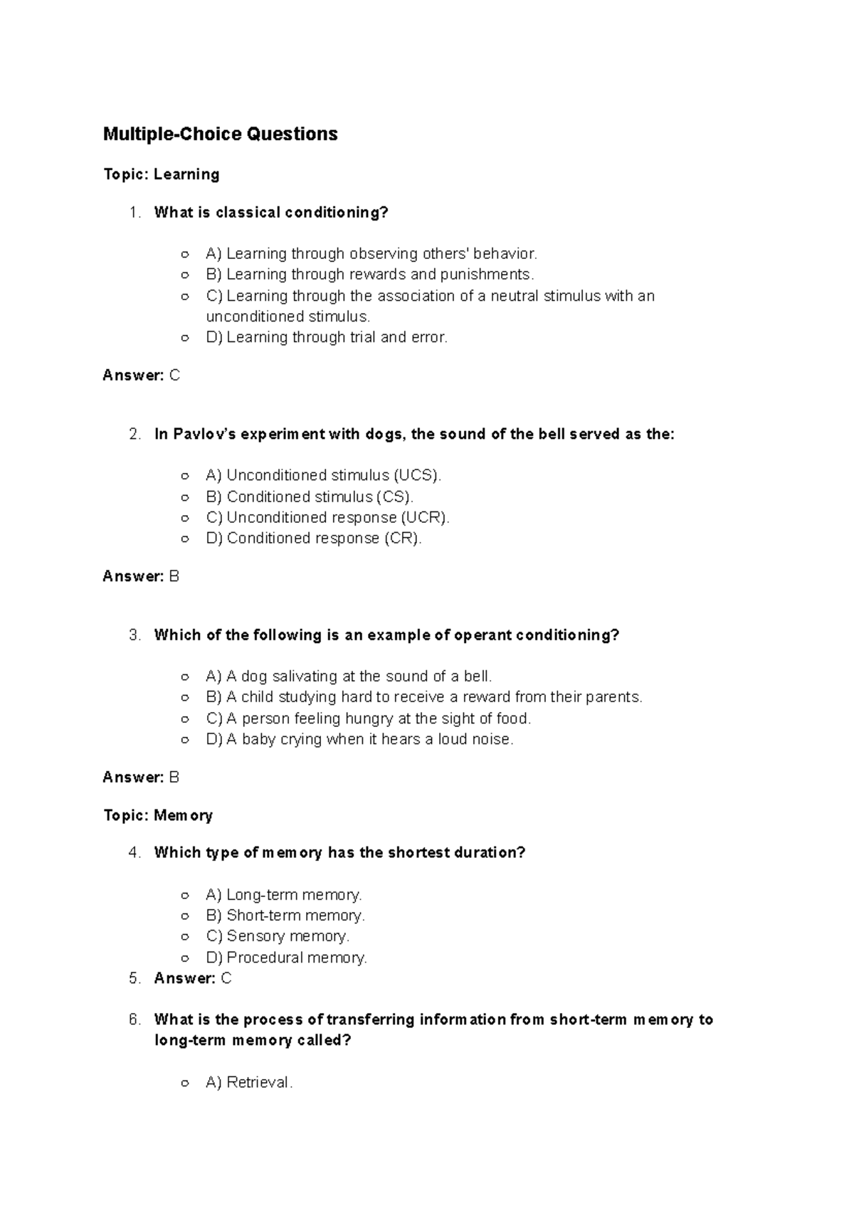 Chapter 6 Multiple choices - Multiple-Choice Questions Topic: Learning 1. What is classical ...