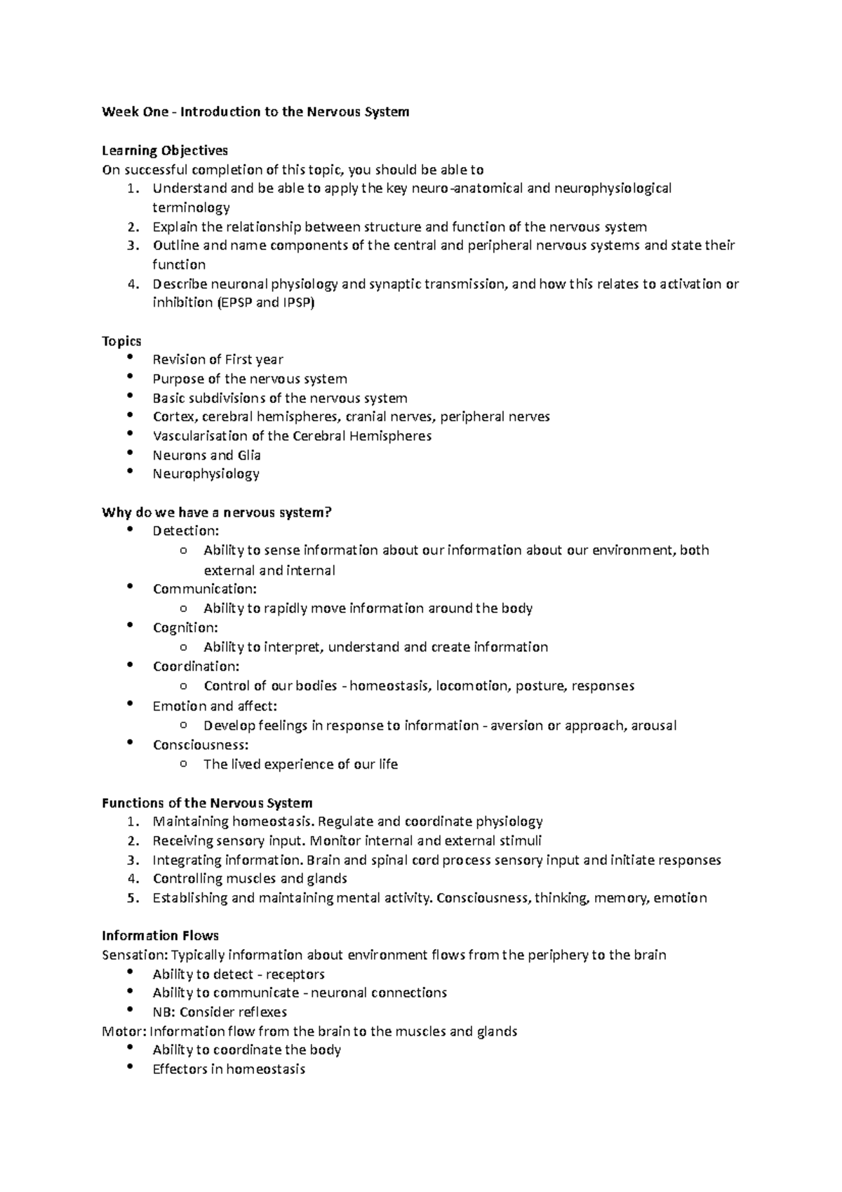 Week One Bms255 Week One Lecture Notes Week One Introduction To The Nervous System 