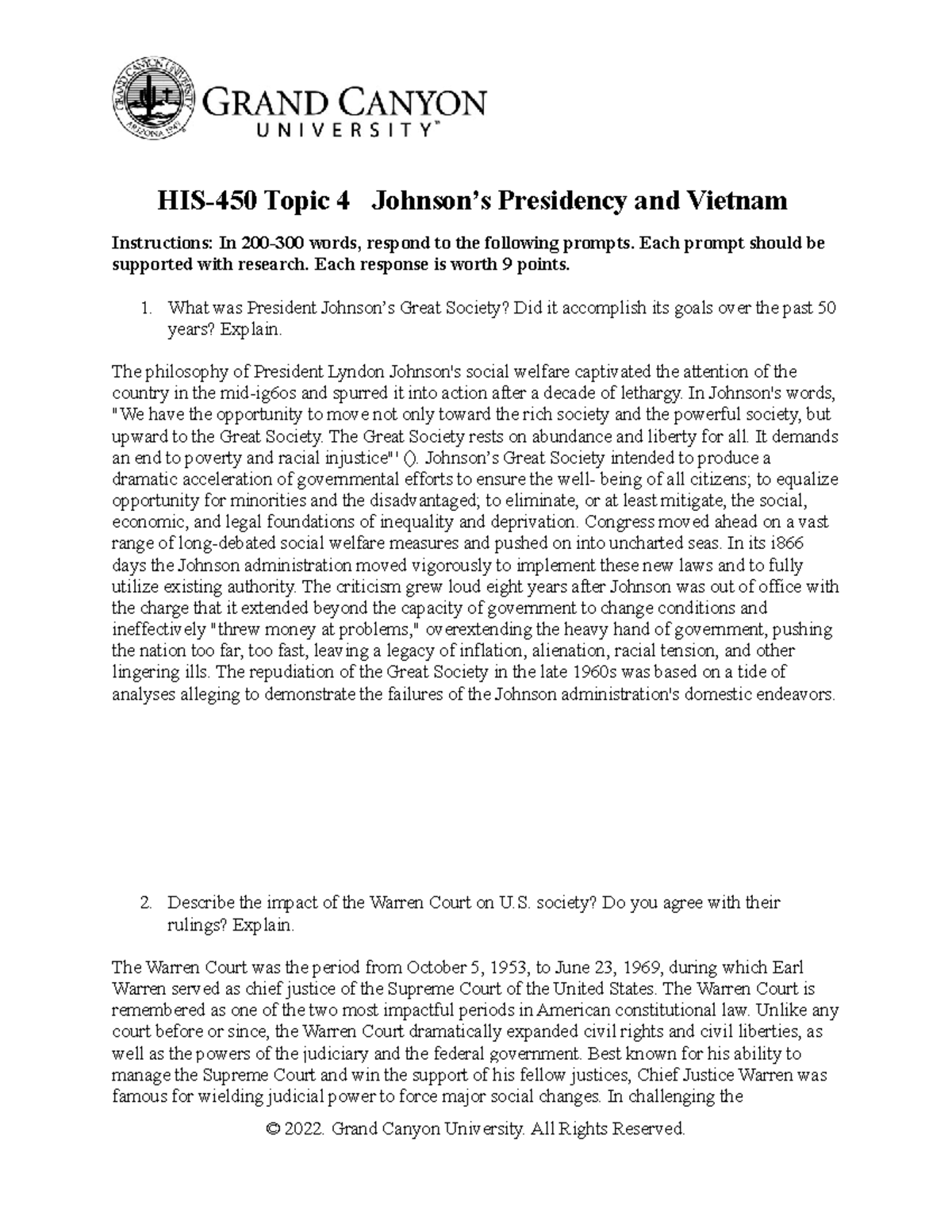 HIS 450 T4 Johnson's Presidencyand Vietnam Worksheet - HIS-450 Topic 4 ...