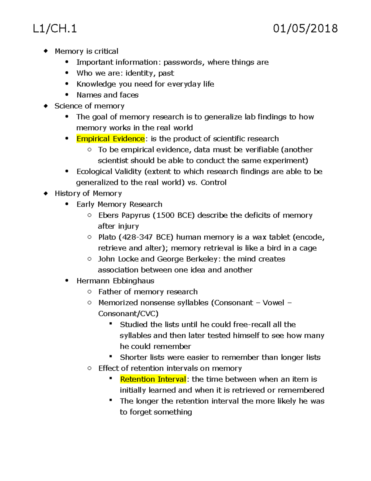 Memory notes - L1/CH 01/05/2018 Memory is critical Important ...