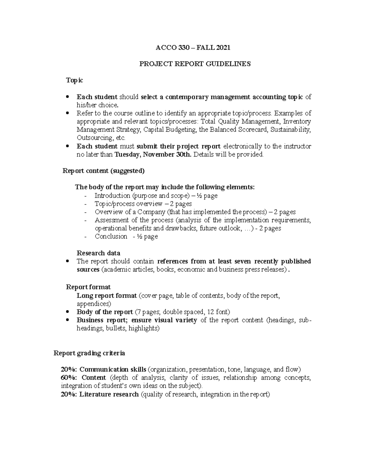 ACCO 330 - Project Report - Guidelines-Fall 2021 - ACCO 330 – FALL 2021 ...