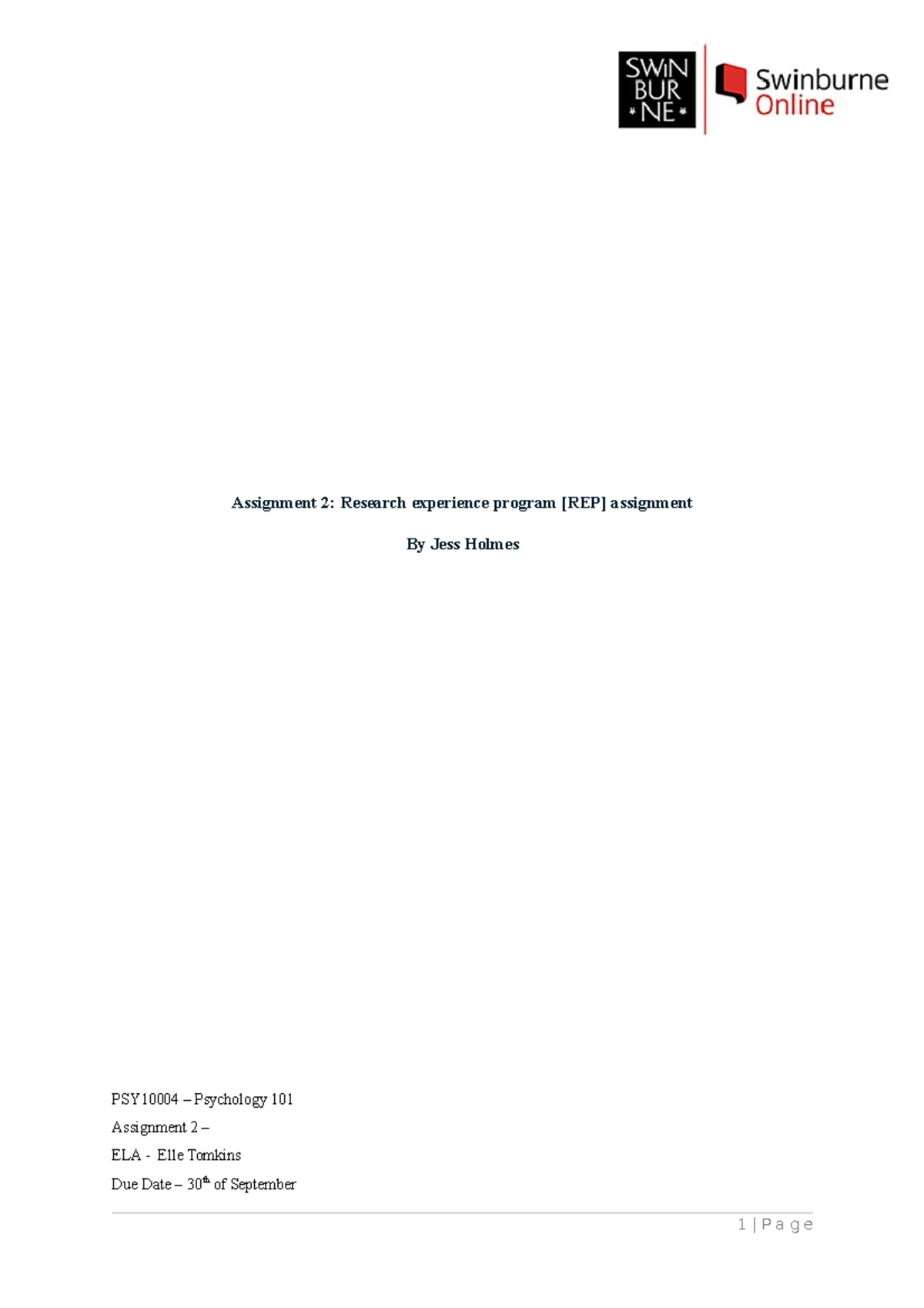 PSY10004 Assignment Two - Holmes - Assignment 2: Research experience ...