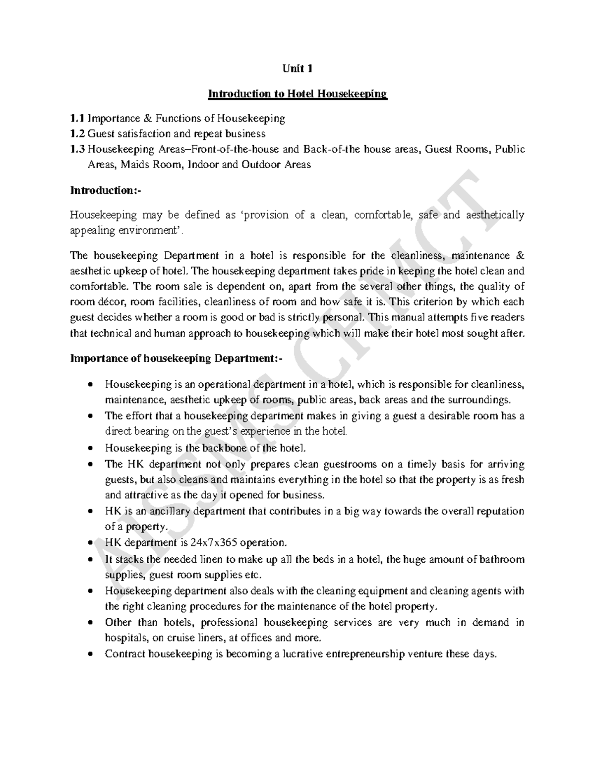 BSc HS Sem I Housekeeping Operations I HS 103 Chapter 1 - Unit 1 ...
