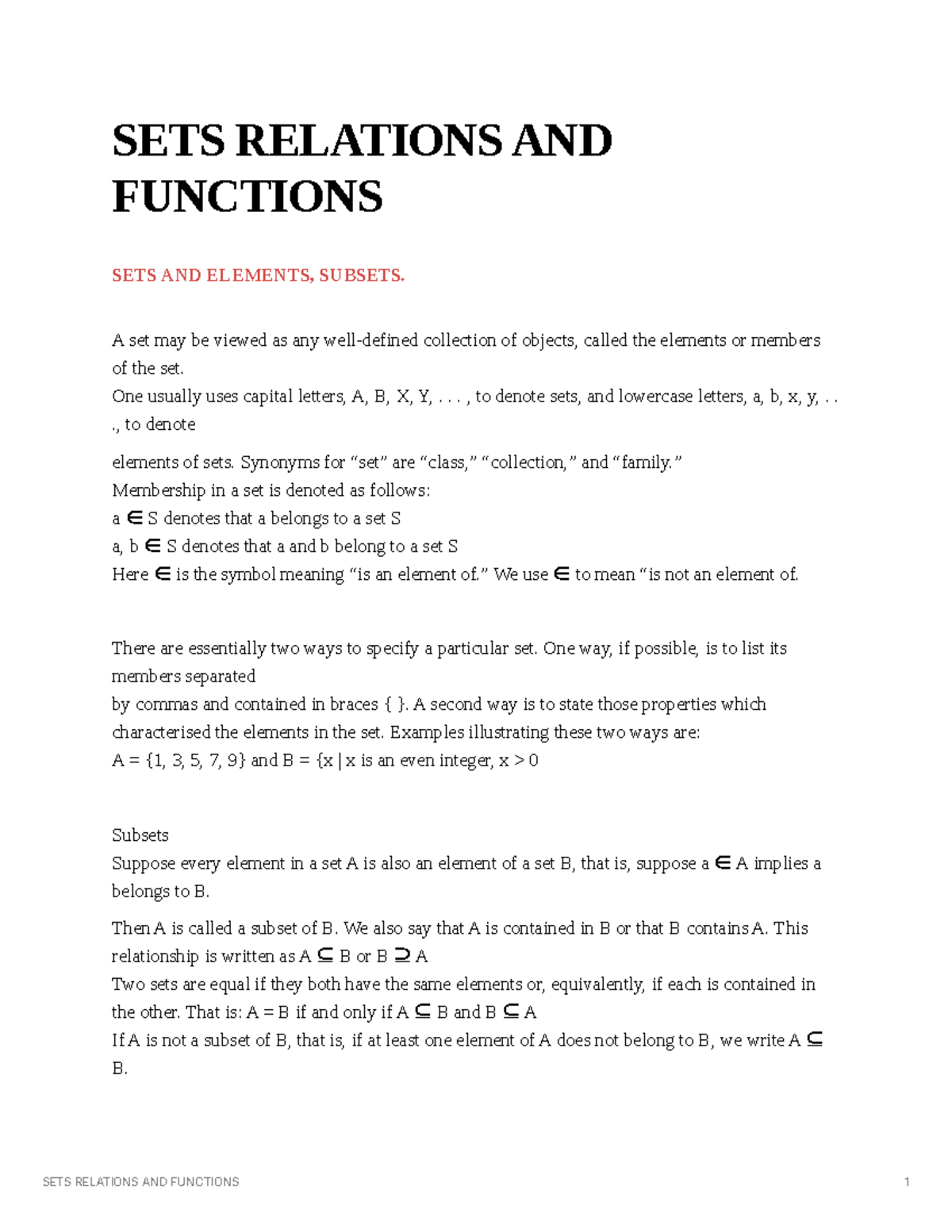 SETS Relations AND Functions - SETS RELATIONS AND FUNCTIONS SETS AND ELEMENTS, SUBSETS. A set ...