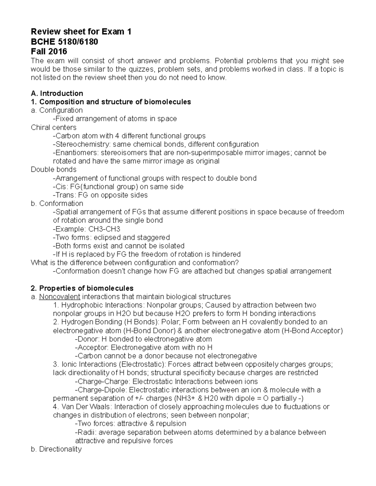 Exam 1 Review Sheet With Answers - Review sheet for Exam 1 BCHE Fall ...