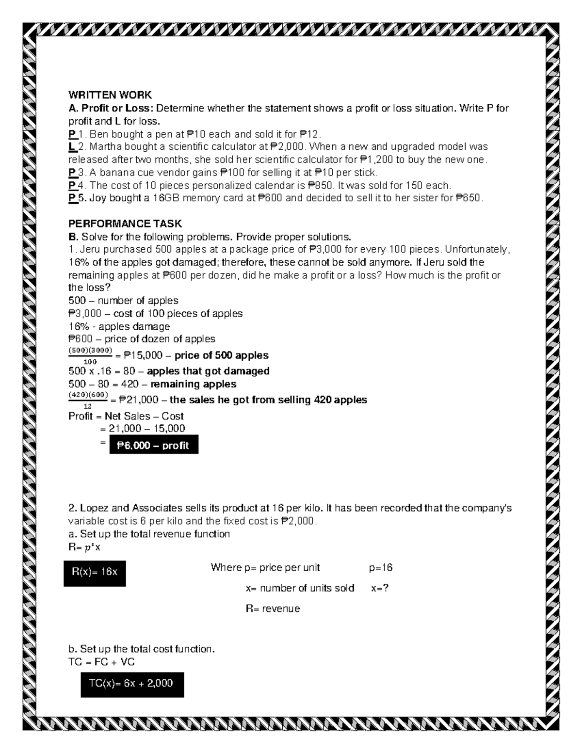 Business Finance Math - WRITTEN WORK A. Profit or Loss: Determine ...