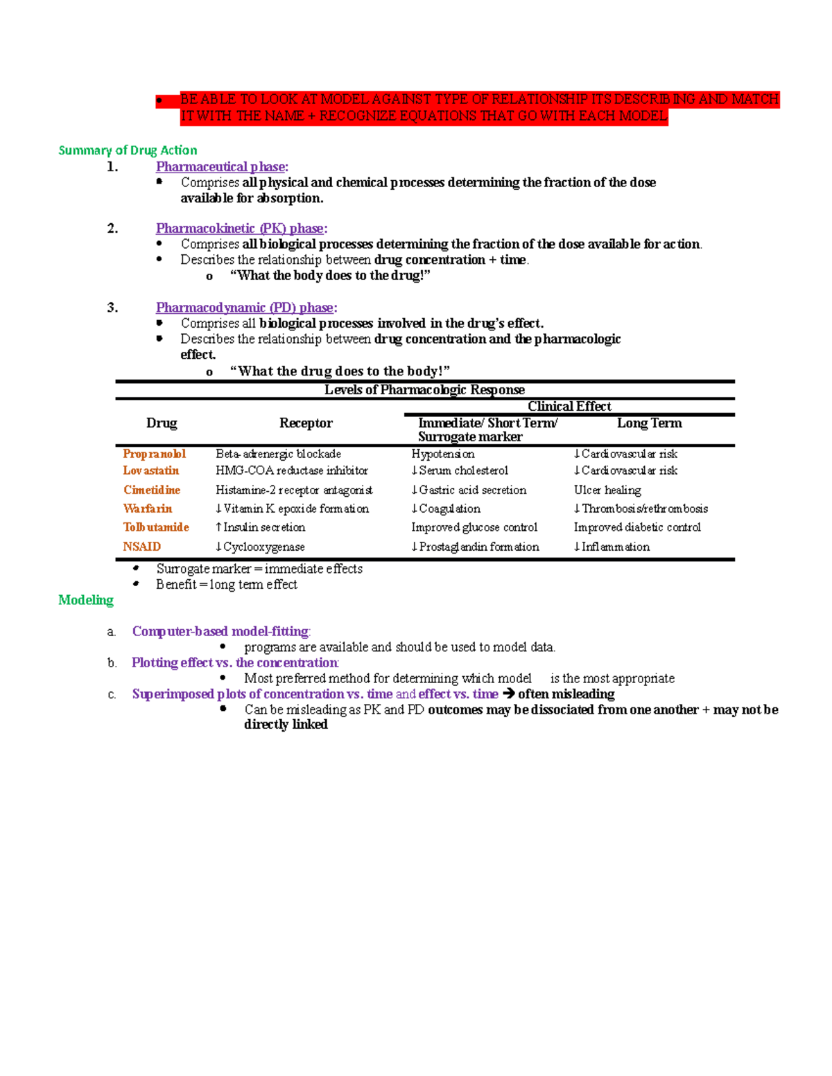 pharmacodynamics lecture notes - ####### BE ABLE TO LOOK AT MODEL ...