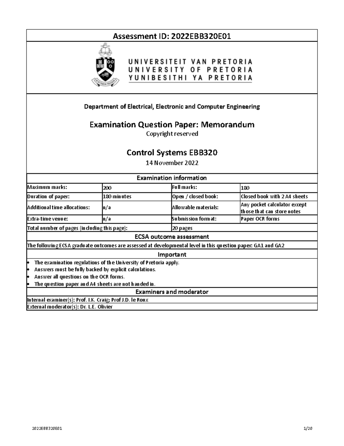 2022EBB320E01 Memo - Memo of the 2022 exam - Assessment ID: 2022EBB32 0 ...
